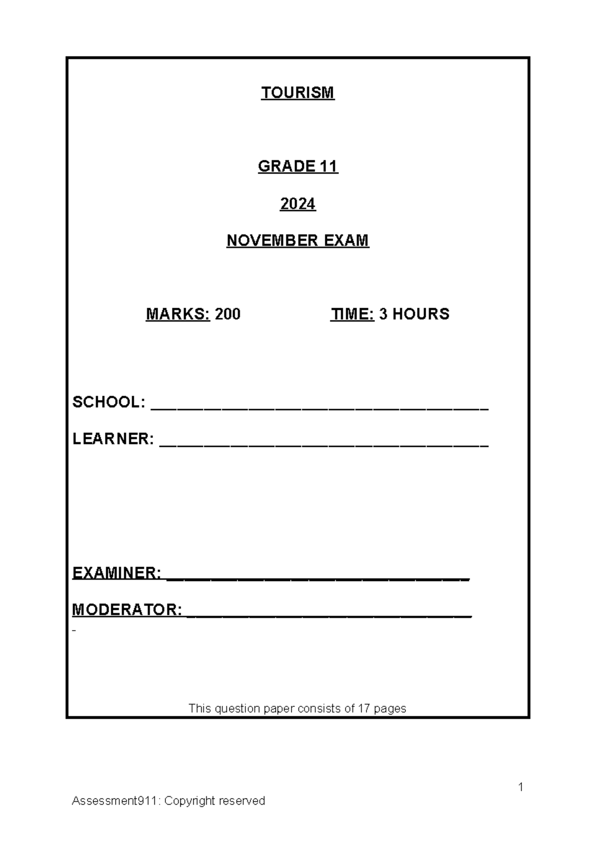 2023-24 Grade 11 Tourism November Exam Paper (200 Marks) - Studocu