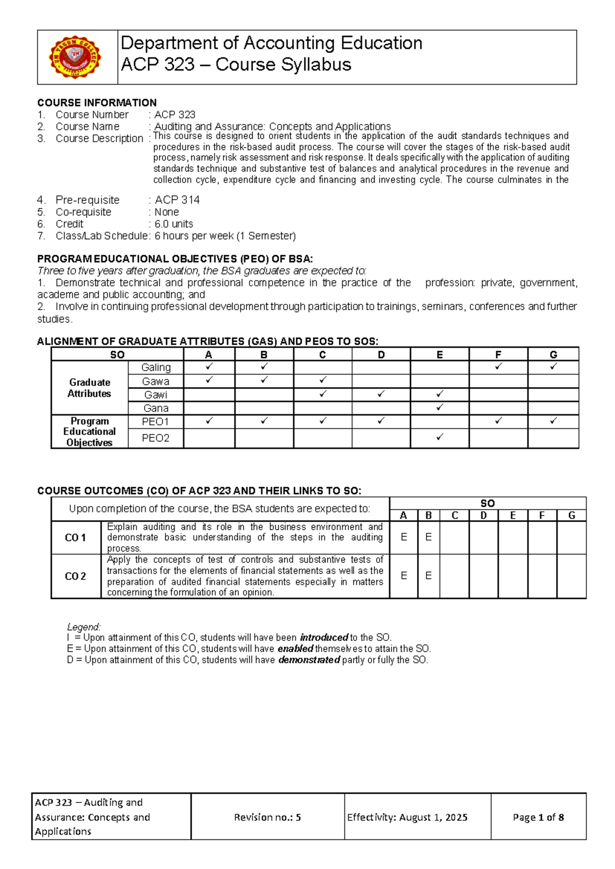 ACP 323 Auditing and Assurance: Concepts & Applications Syllabus Rev5 ...