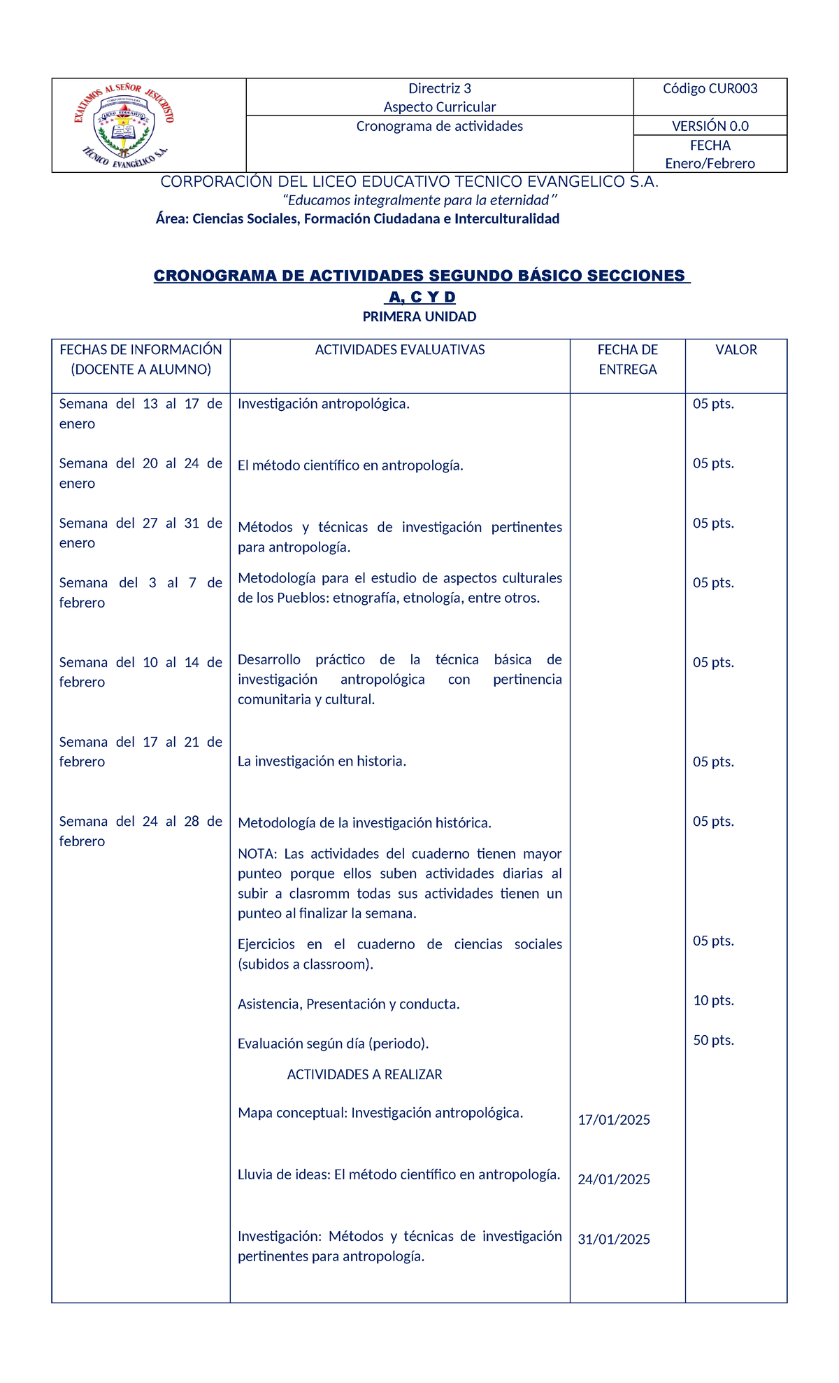 Cronograma primera unidad 2bas. - Directriz 3 Aspecto Curricular Código ...
