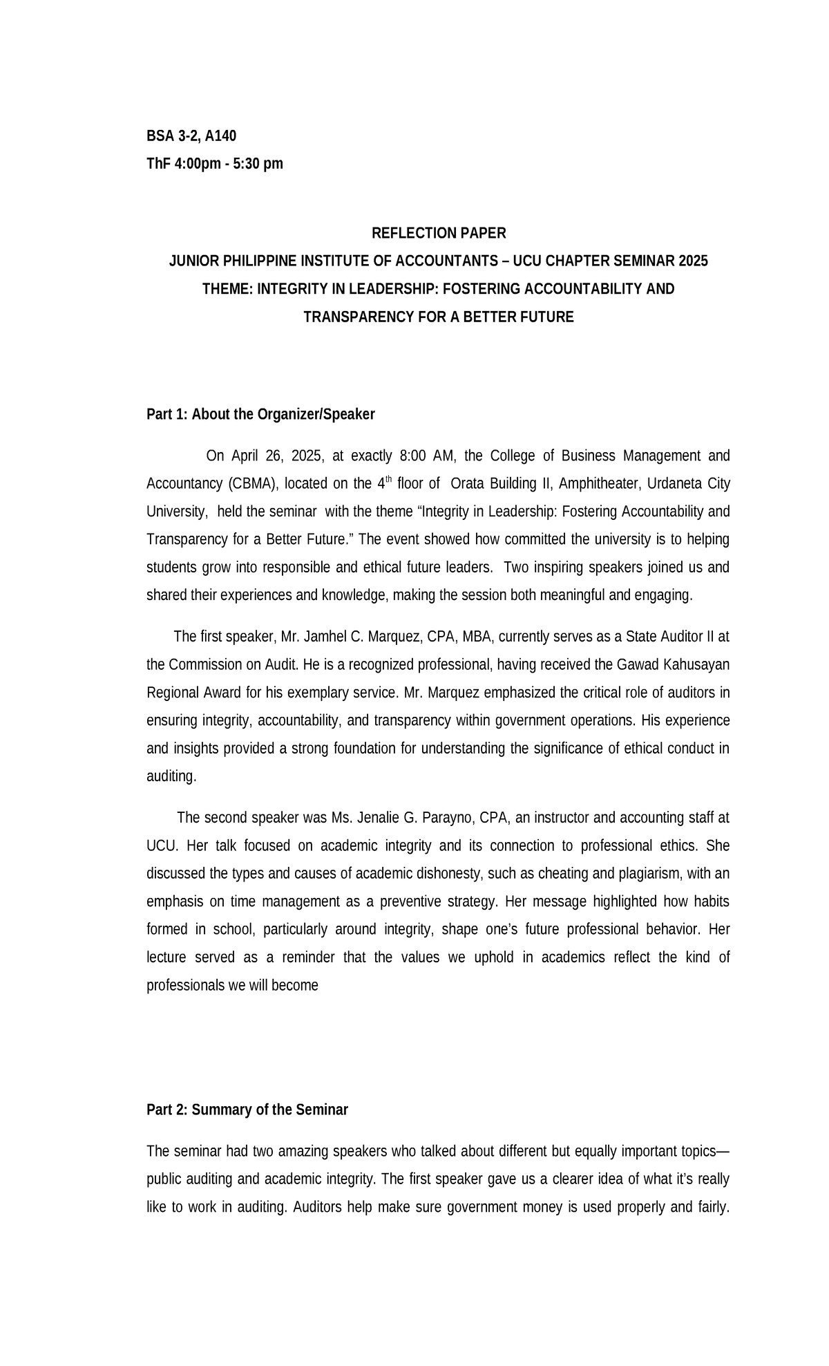 BSA A140 Reflection Paper: Integrity in Leadership Seminar 2025 - Studocu