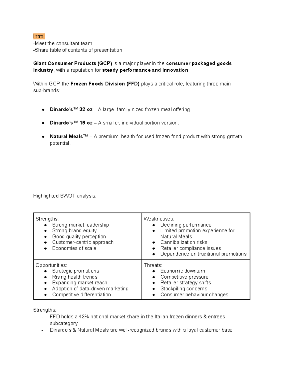 MARK301 Project: SWOT Analysis of GCP's Frozen Foods Division - Studocu