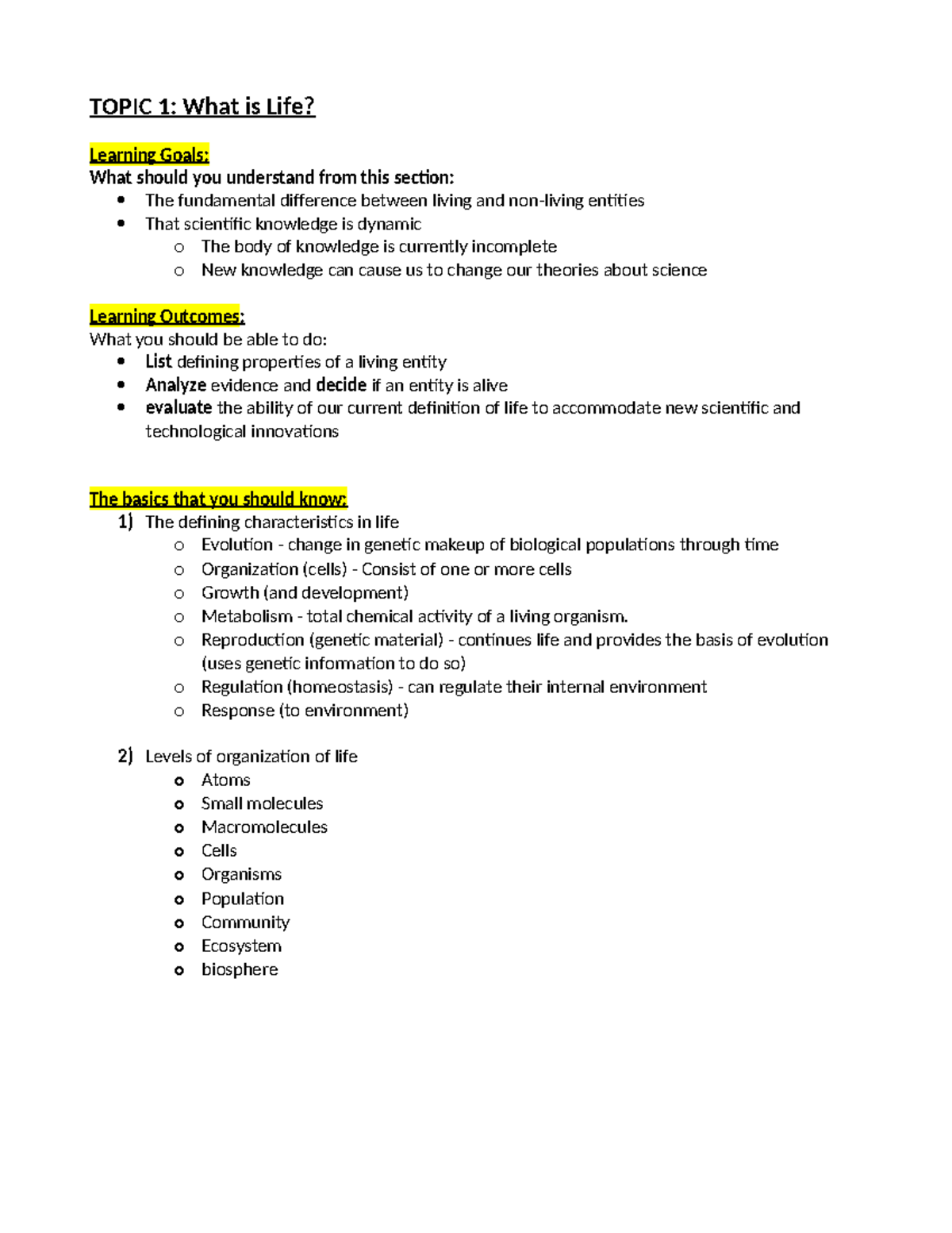 BIO101: Topic 1 - Understanding Life and Its Characteristics - Studocu