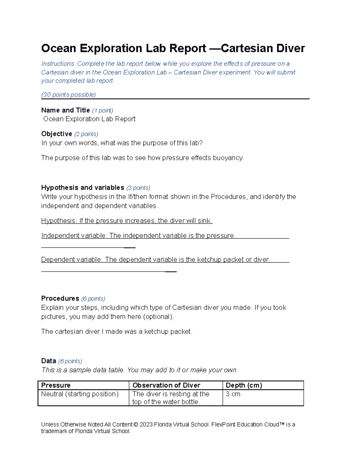 Ocean Exploration Lab Report: Effects of Pressure on Cartesian Diver ...