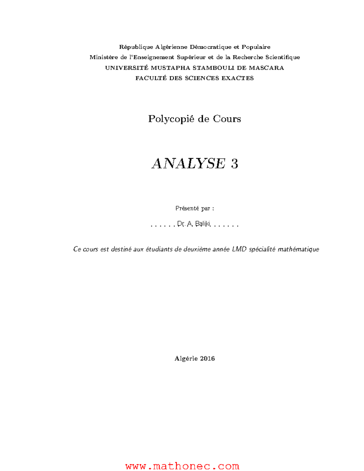 Analyse Analyse Complexe 3 Cours 17 L2 - République Algérienne Démocratique et Populaire ...