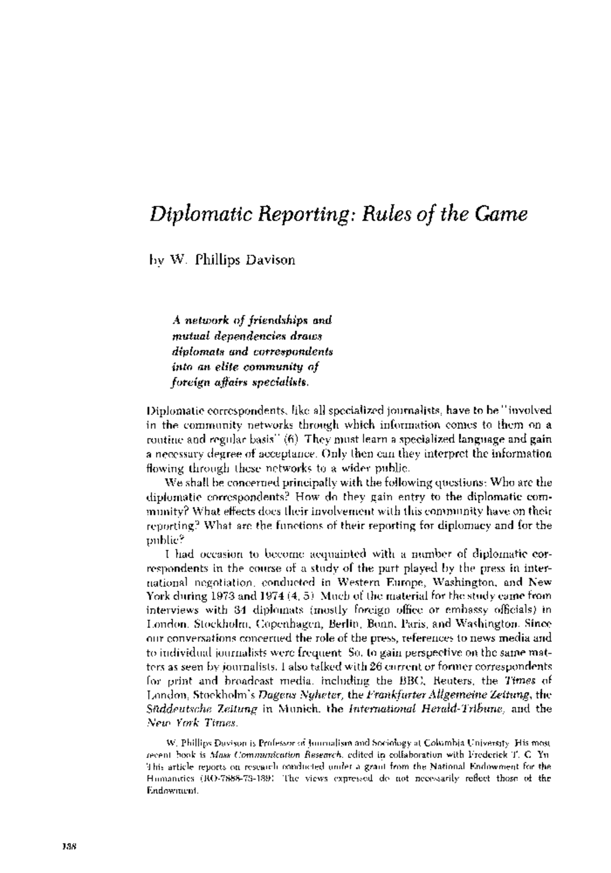 Diplomatic Reporting: Insights from W. Phillips Davison's Study - Studocu
