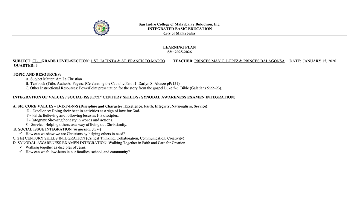 CL 1 Learning Plan: Am I a Christian? - 3rd Quarter - Studocu
