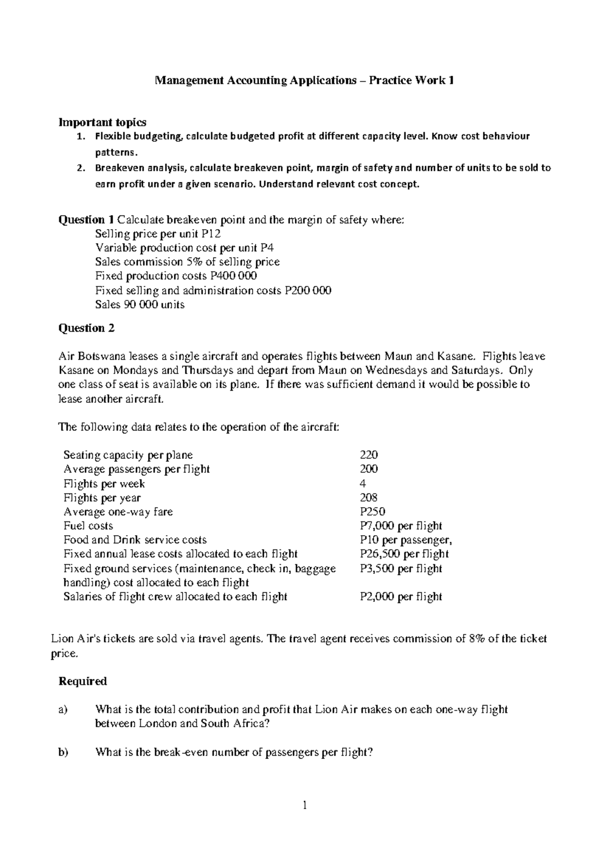 management accounting practice questions - 1 Management Accounting ...