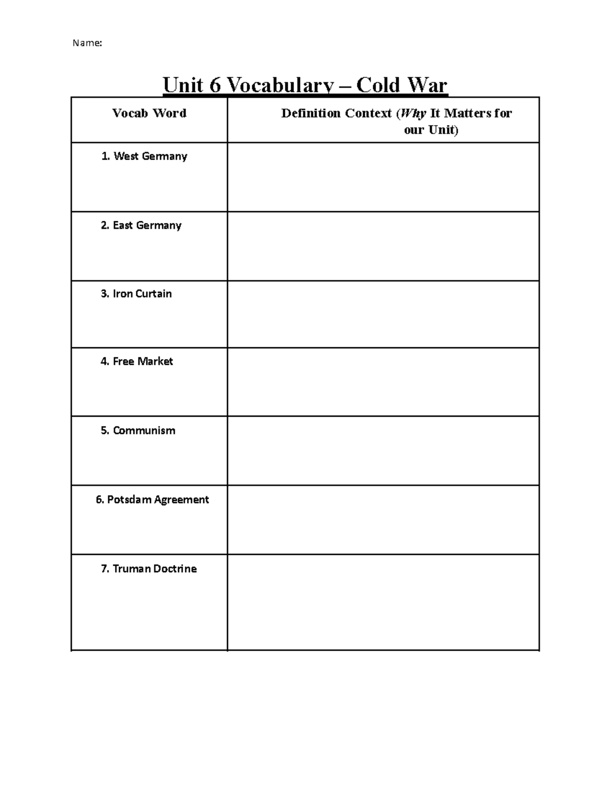Unit 6 Vocabulary – Cold War Essentials - HaCA 0203 - Name: Unit 6 ...