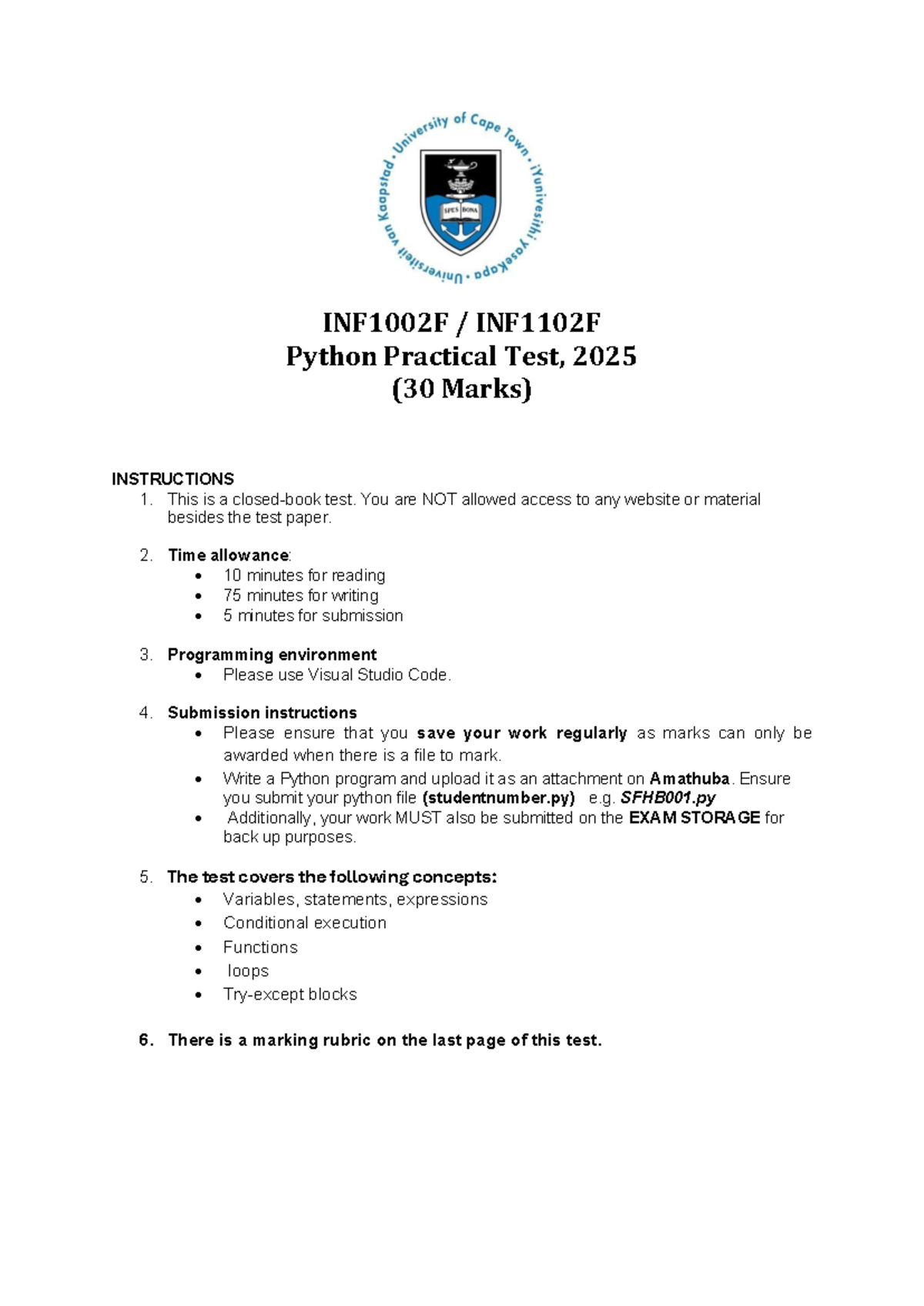INF1002F Python Practical Test: Campus Parking Fee Assistant 2025 - Studocu
