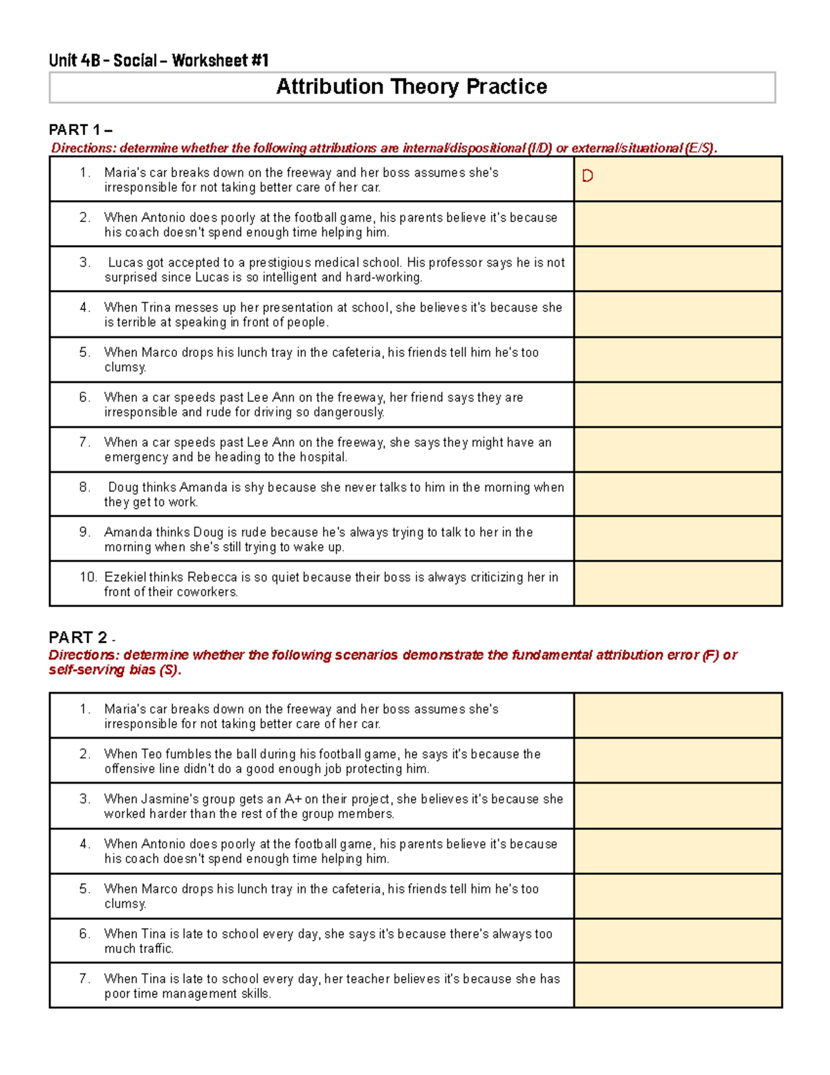 Unit 4B – Social Psychology Worksheet 1: Attribution Theory - Studocu