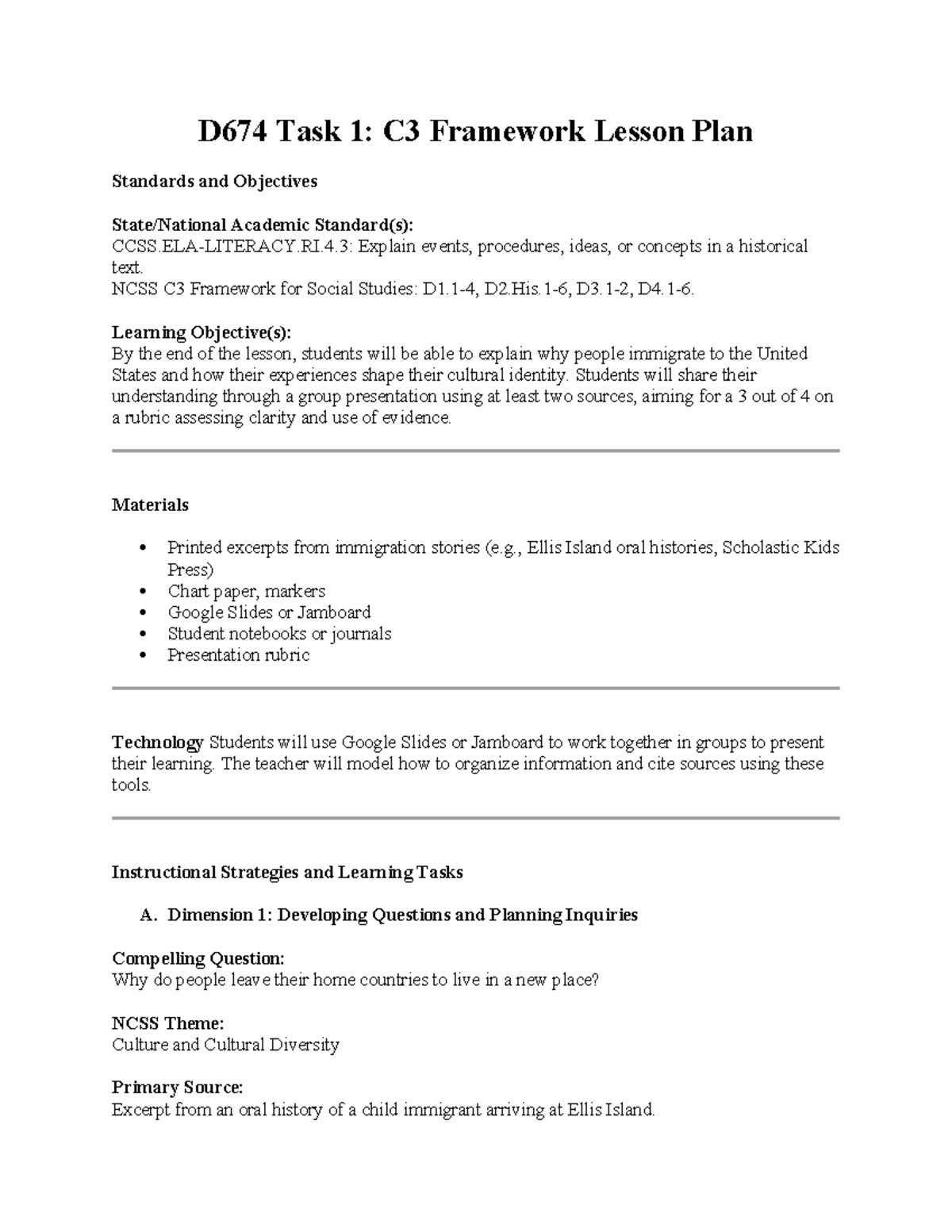 D674 Task 1: C3 Framework Lesson Plan on Immigration and Culture - Studocu