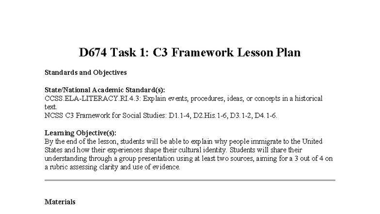 D674 Task 1: C3 Framework Lesson Plan on Immigration and Culture - Studocu