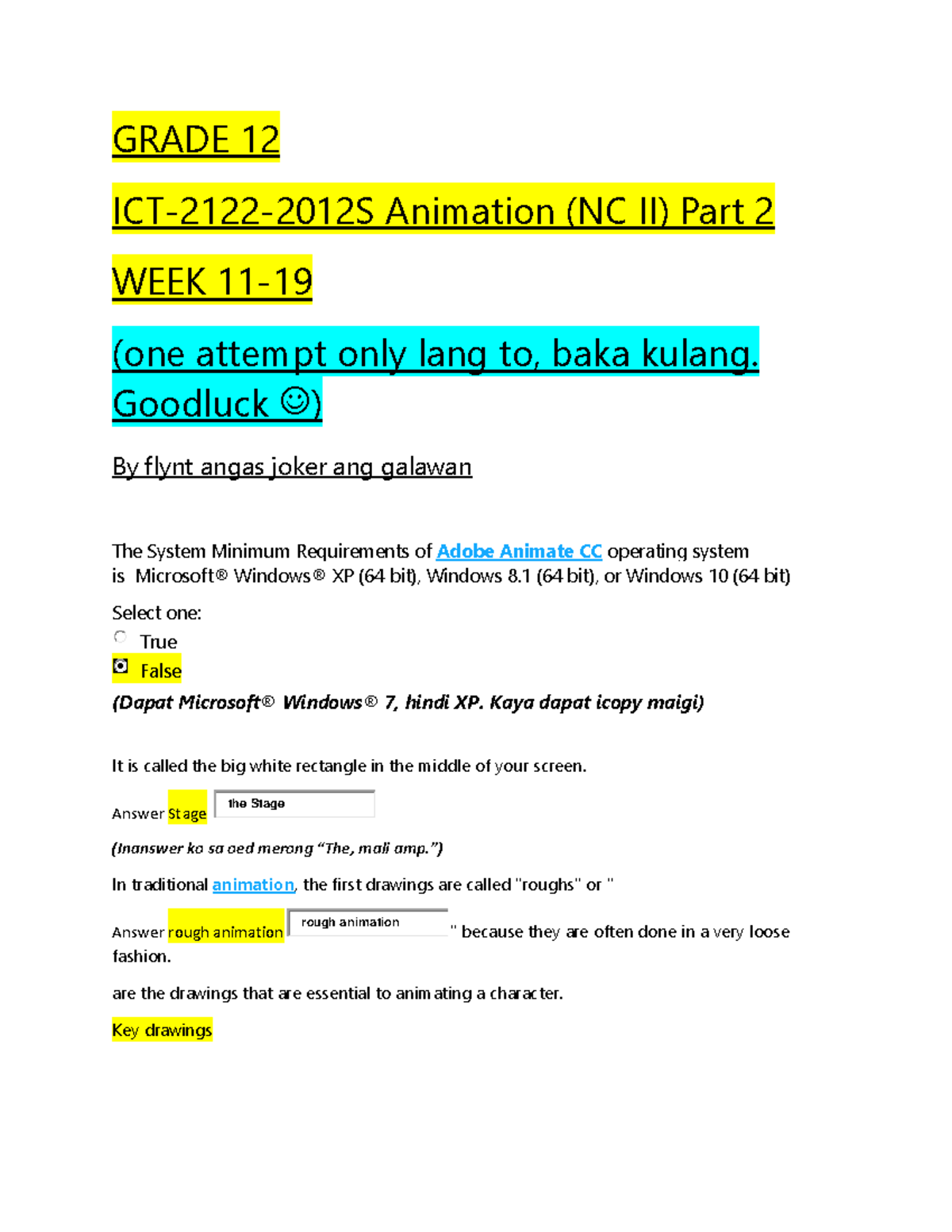 Grade 12 ICT-2122-2012S Animation (NC II) Part 2 Week 11-19 Notes - Studocu
