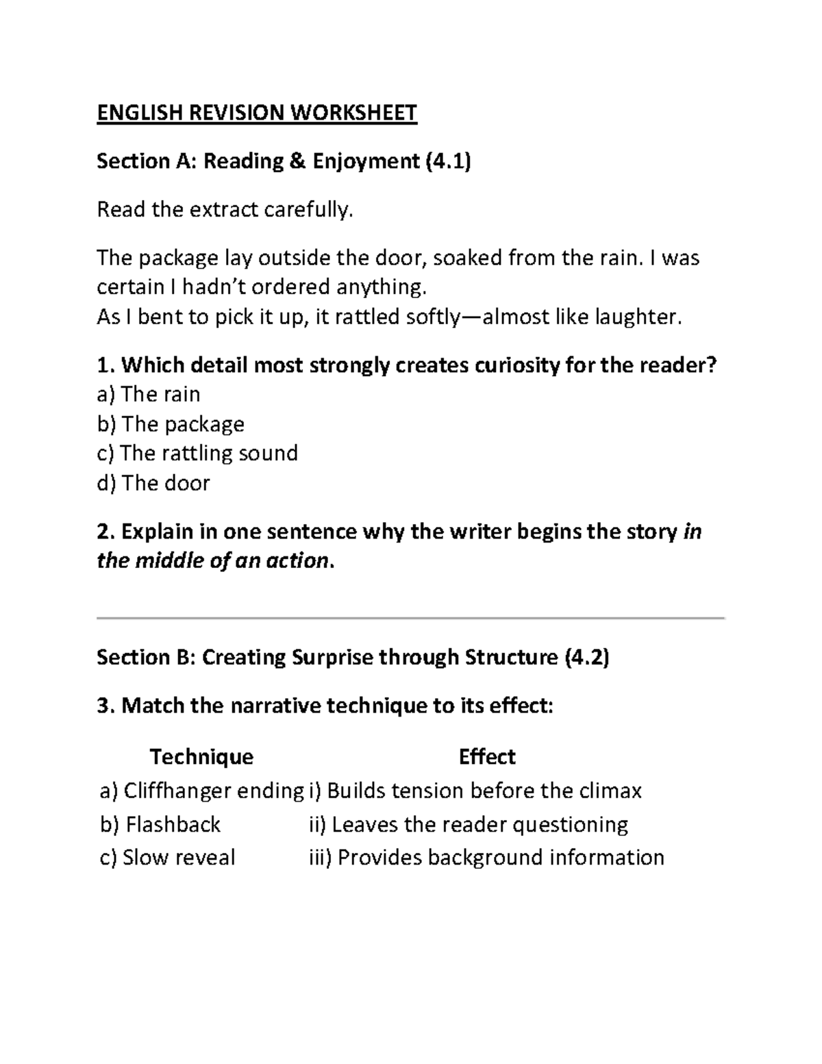 English Revision Worksheet (G8) - Reading & Narrative Techniques - Studocu