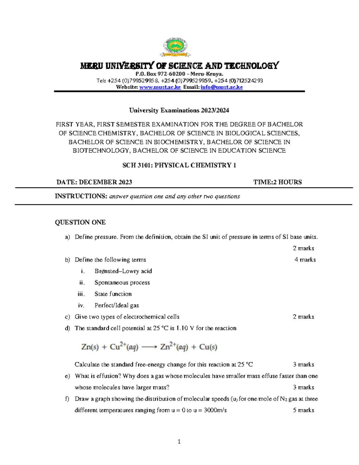 SCH 3101: Final Exam Study Guide for Physical Chemistry 1 - Studocu