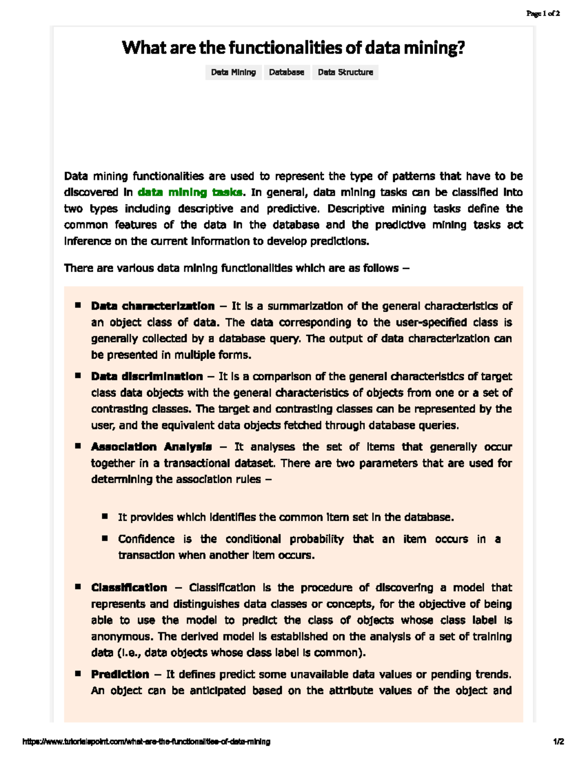 DATA Mining Funtionalities - Page 1 of 2 What are the functionalities of data mining? Data ...