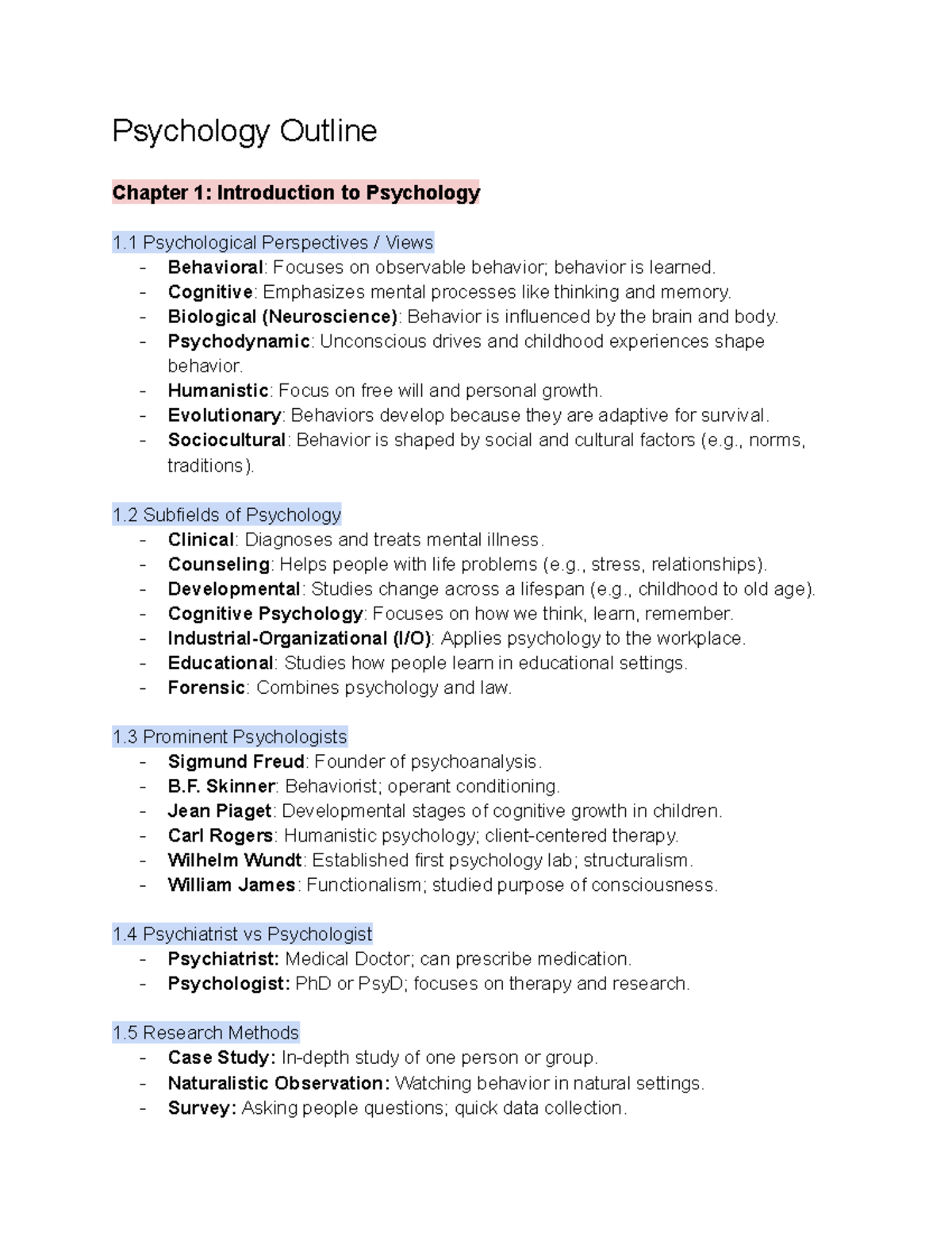 Psychology Outline and Key Concepts for Introductory Course (PSY101 ...