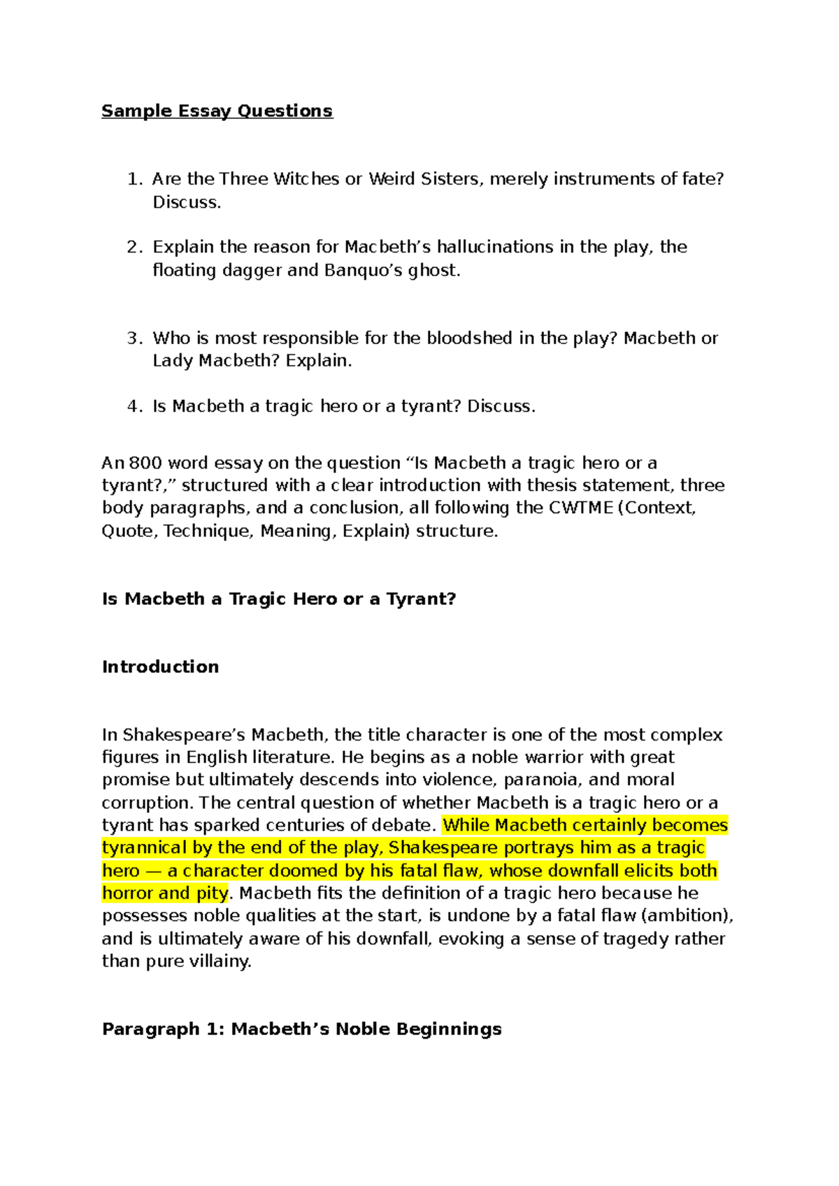 Macbeth Essay Notes: Tragic Hero or Tyrant? Analysis & Discussion - Studocu
