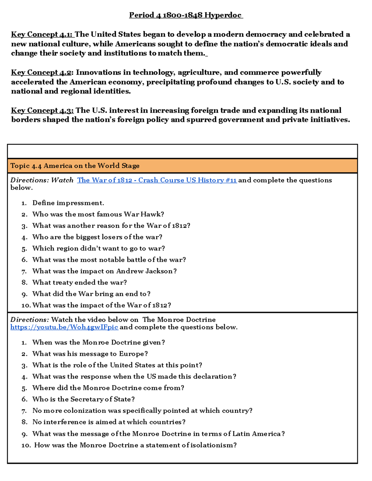 Period 4 Hyperdoc -Monroe Doctrine - Period 4 1800-1848 Hyperdoc Key ...