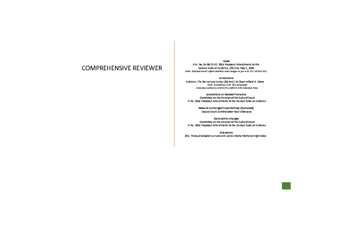 Comprehensive Reviewer on Revised Rules of Evidence (A. No. 19-08-15 SC ...