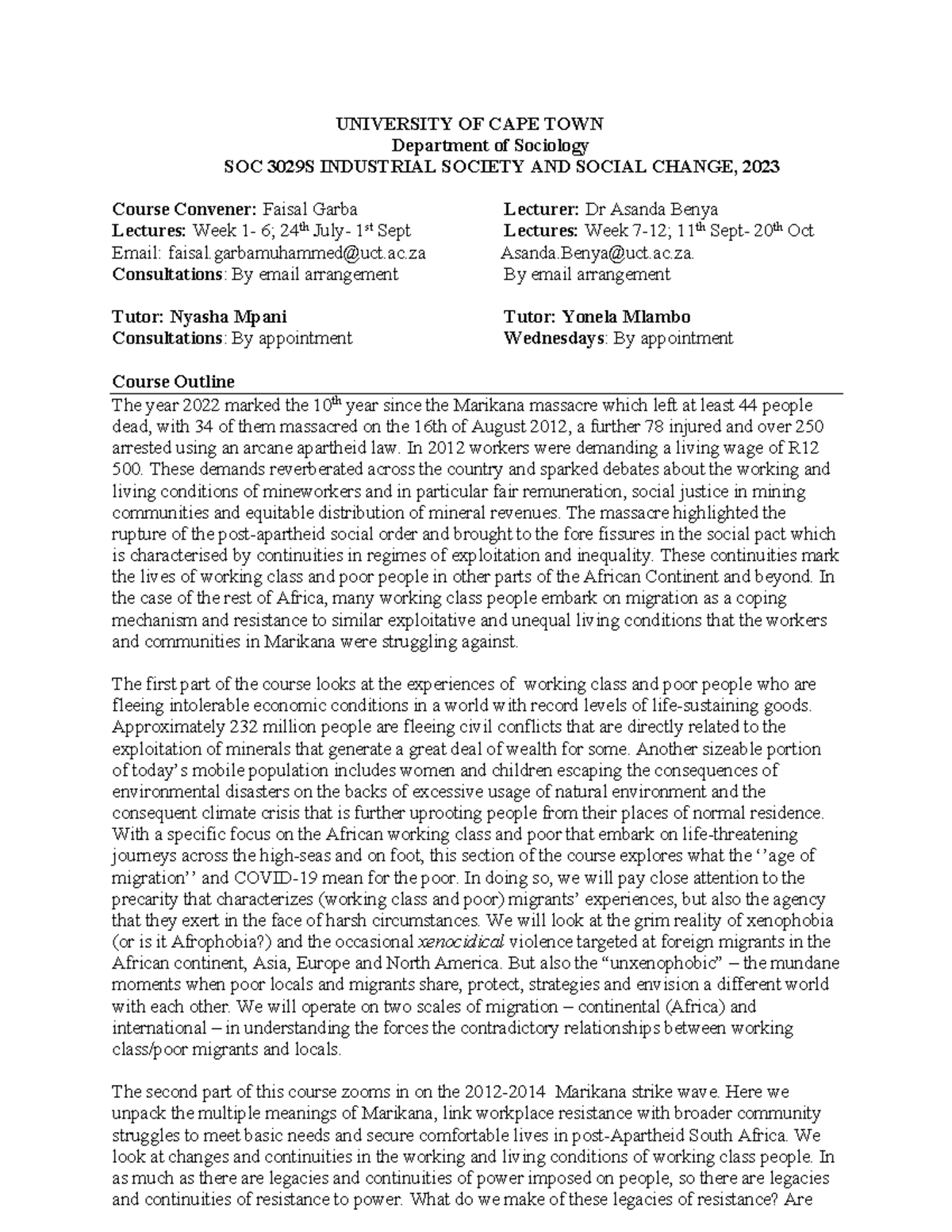 SOC 3029S Industrial Society & Social Change Course Outline 2023 - Studocu
