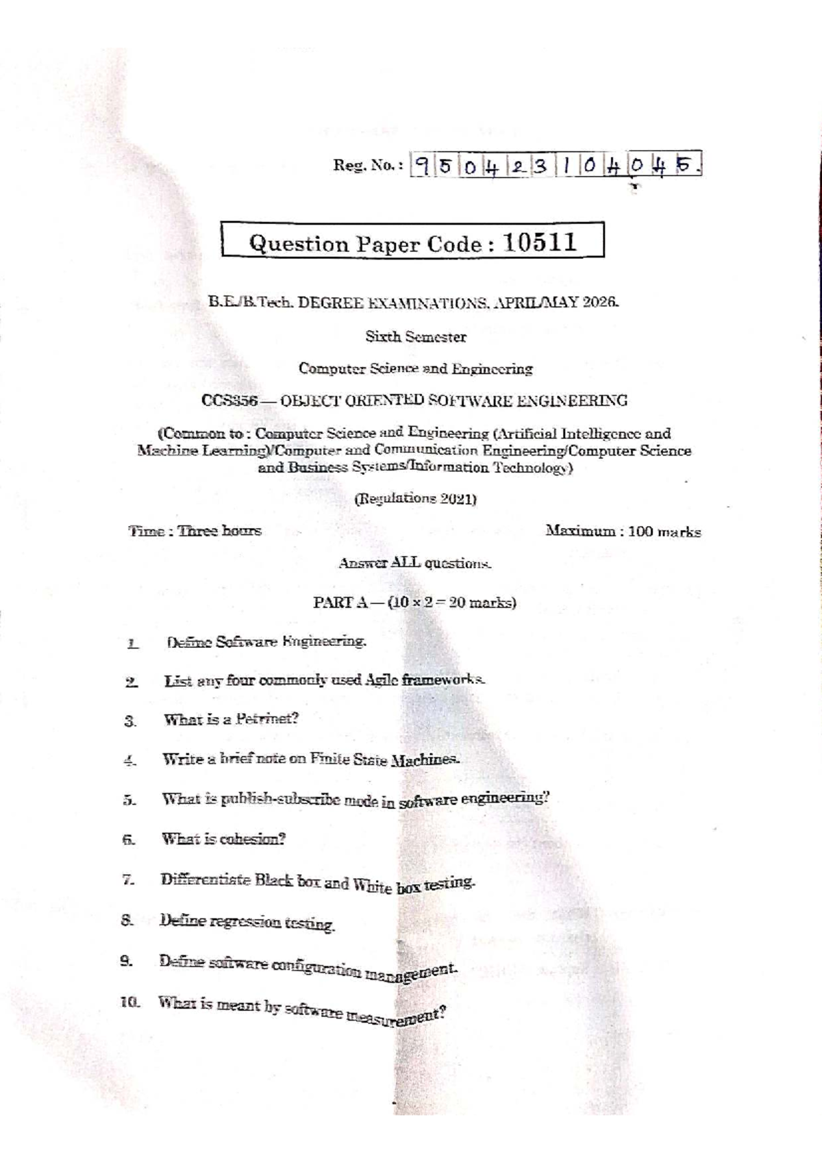 CCS356 Final Exam Question Paper - Object Oriented Software Engineering ...