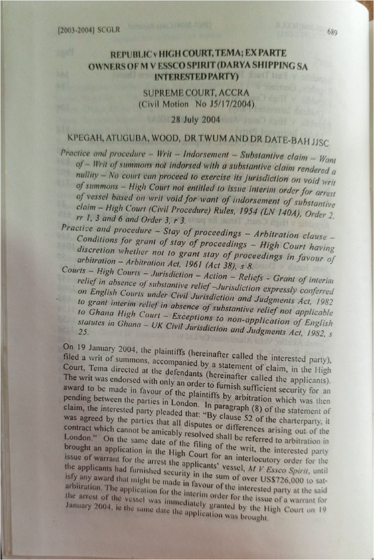 SCGLR 689 - Ex Parte Owners of M/V Essco Spirit: Jurisdiction ...