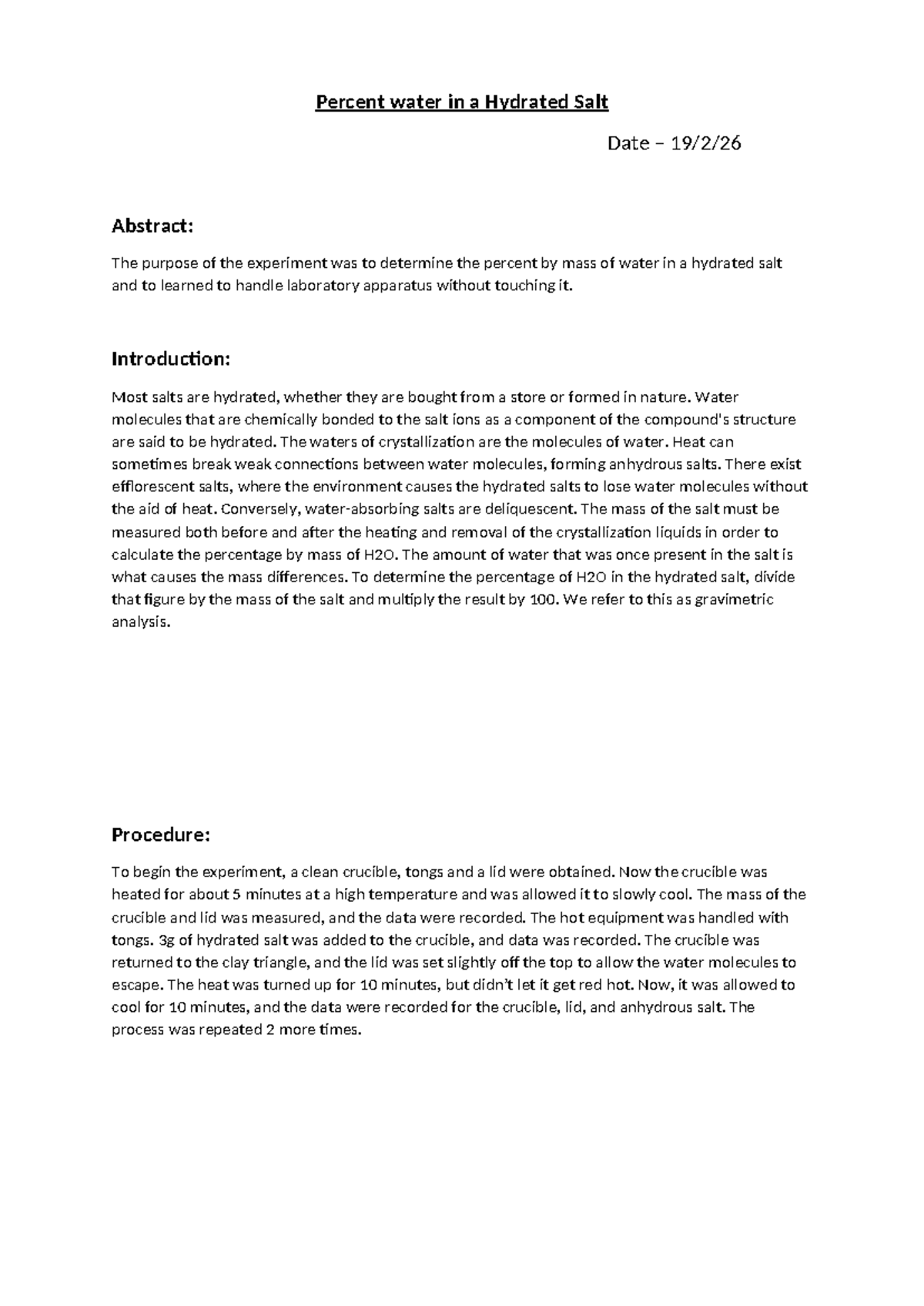 Determining % H2O in Hydrated Salt: Lab Experiment Analysis - Studocu