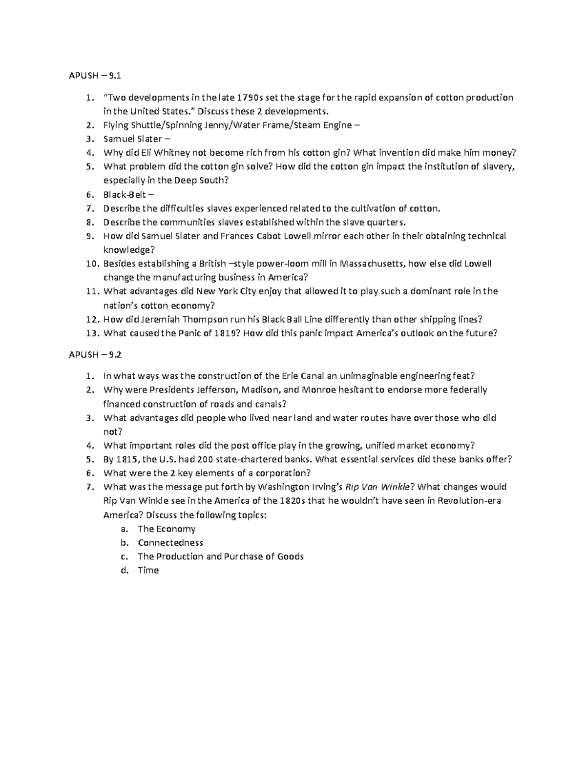 APUSH 9: Key Developments and Impacts in Early American Economy - Studocu