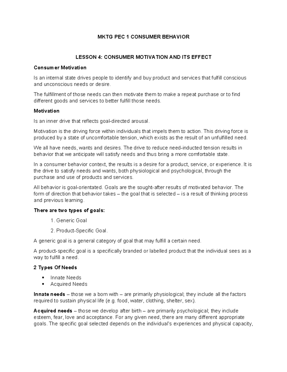 MKTG PEC 1 Consumer Behavior Midterm Study Notes on Motivation - Studocu