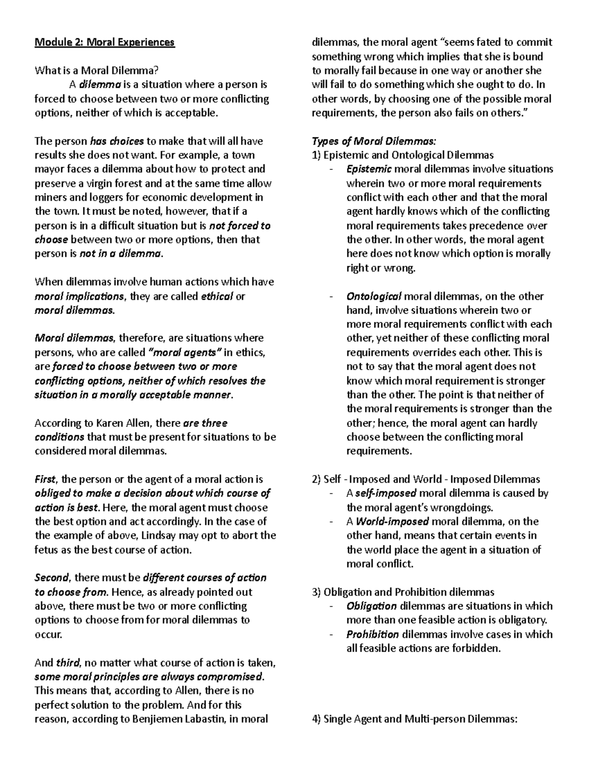 Moral Experiences - Module 2: Moral Experiences What is a Moral Dilemma ...