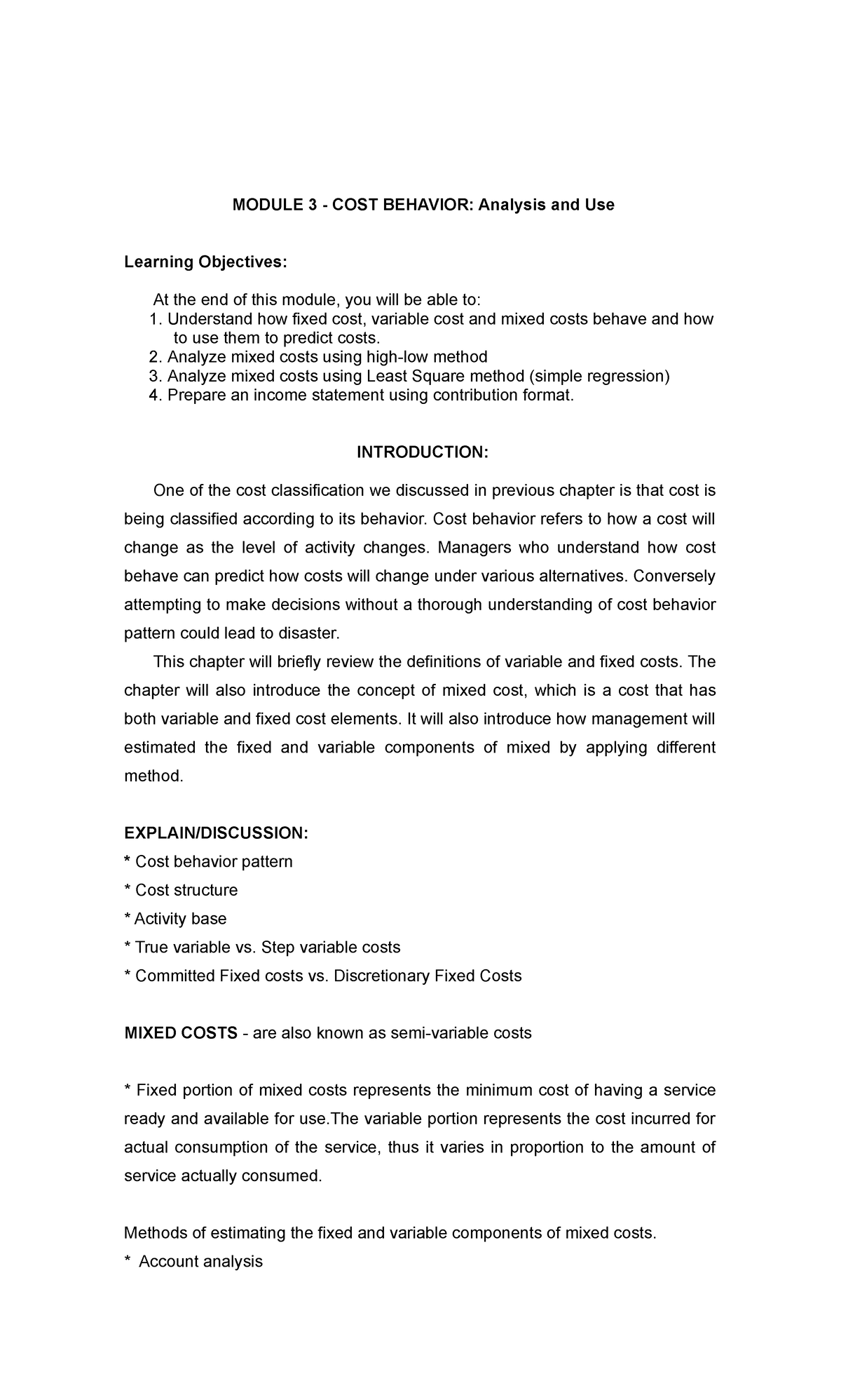 Module 3 - Cost Behavior Analysis: Methods & Applications (ACC101 ...
