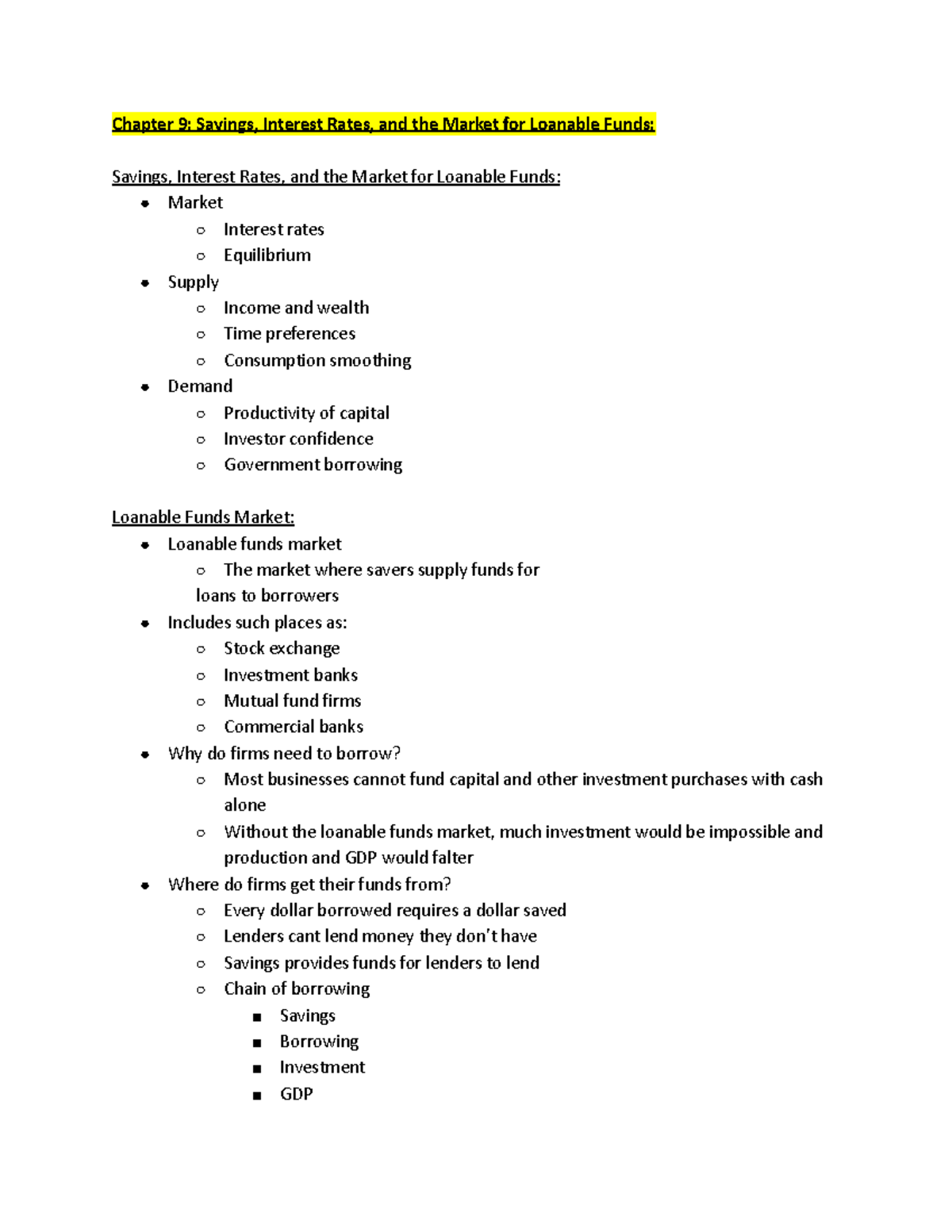Macroeconomics Chapter 9: Savings & Loanable Funds Market Notes - Studocu