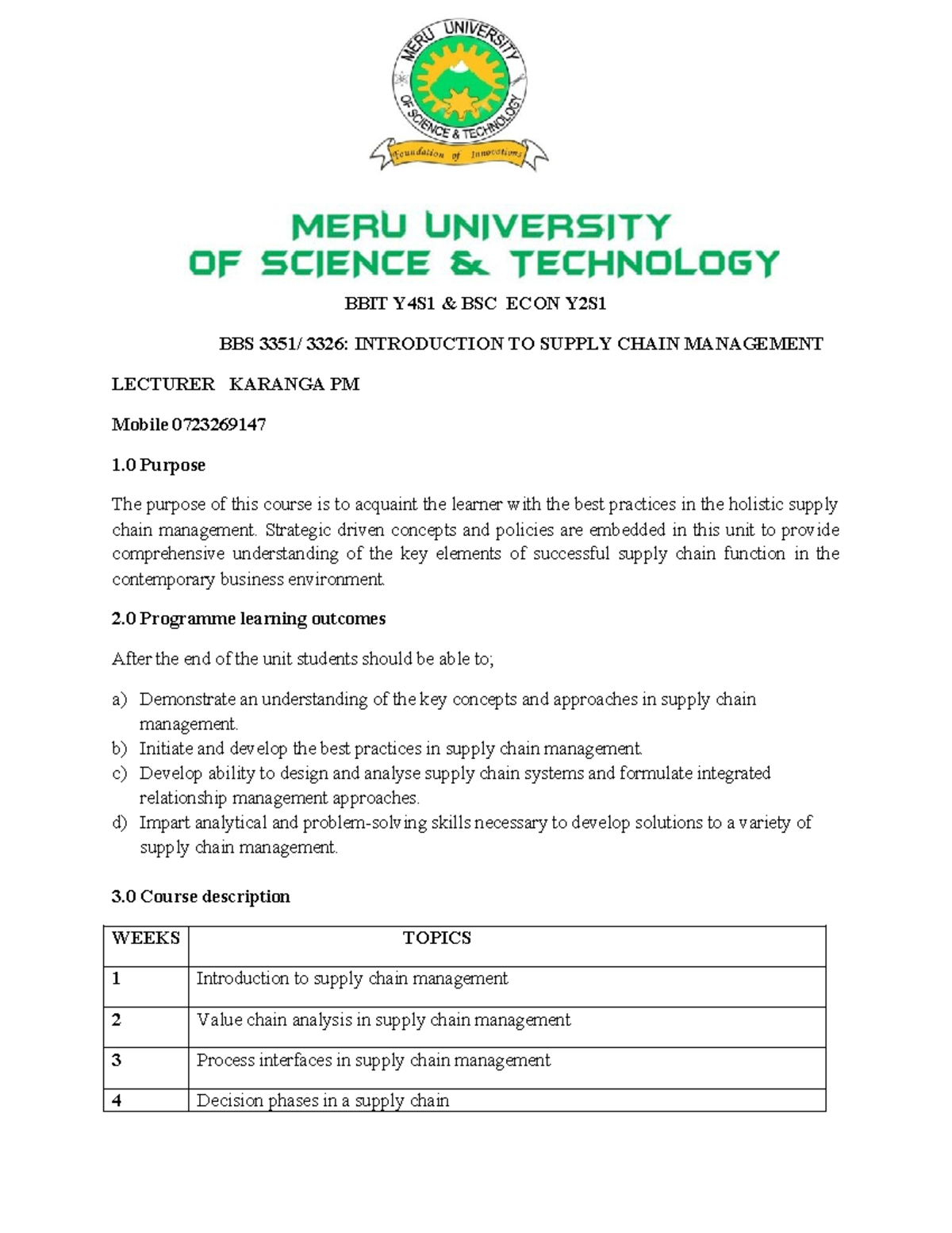 BBIT Y4S1 BBS 3326: Supply Chain Management Course Outline & Assignment ...