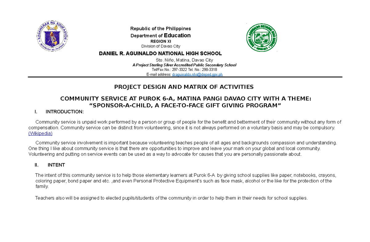 Project Design and Activity Matrix for Community Service Program - Studocu