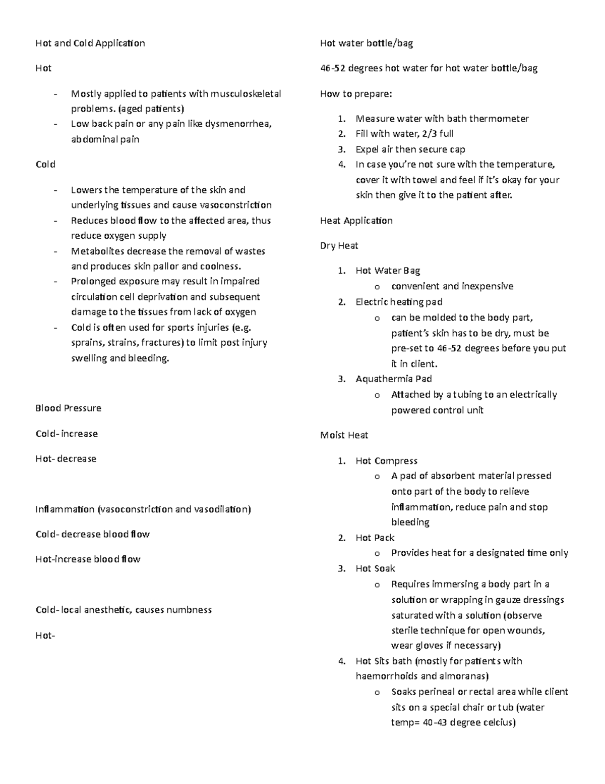 Hot and Cold Application Techniques: Patient Care Notes - Studocu