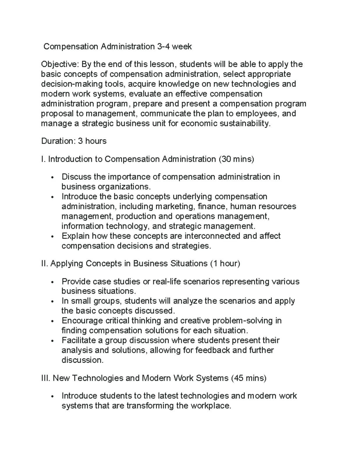 Compensation Administration Lesson Plan for BA300PH Students - Studocu