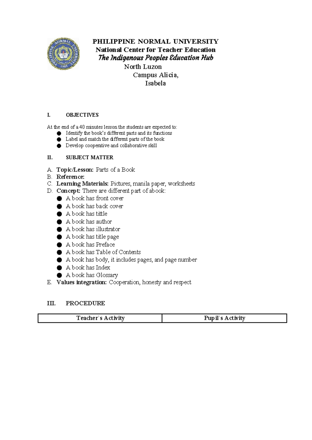 DLP 1: Lesson Plan on Identifying Parts of a Book - Studocu