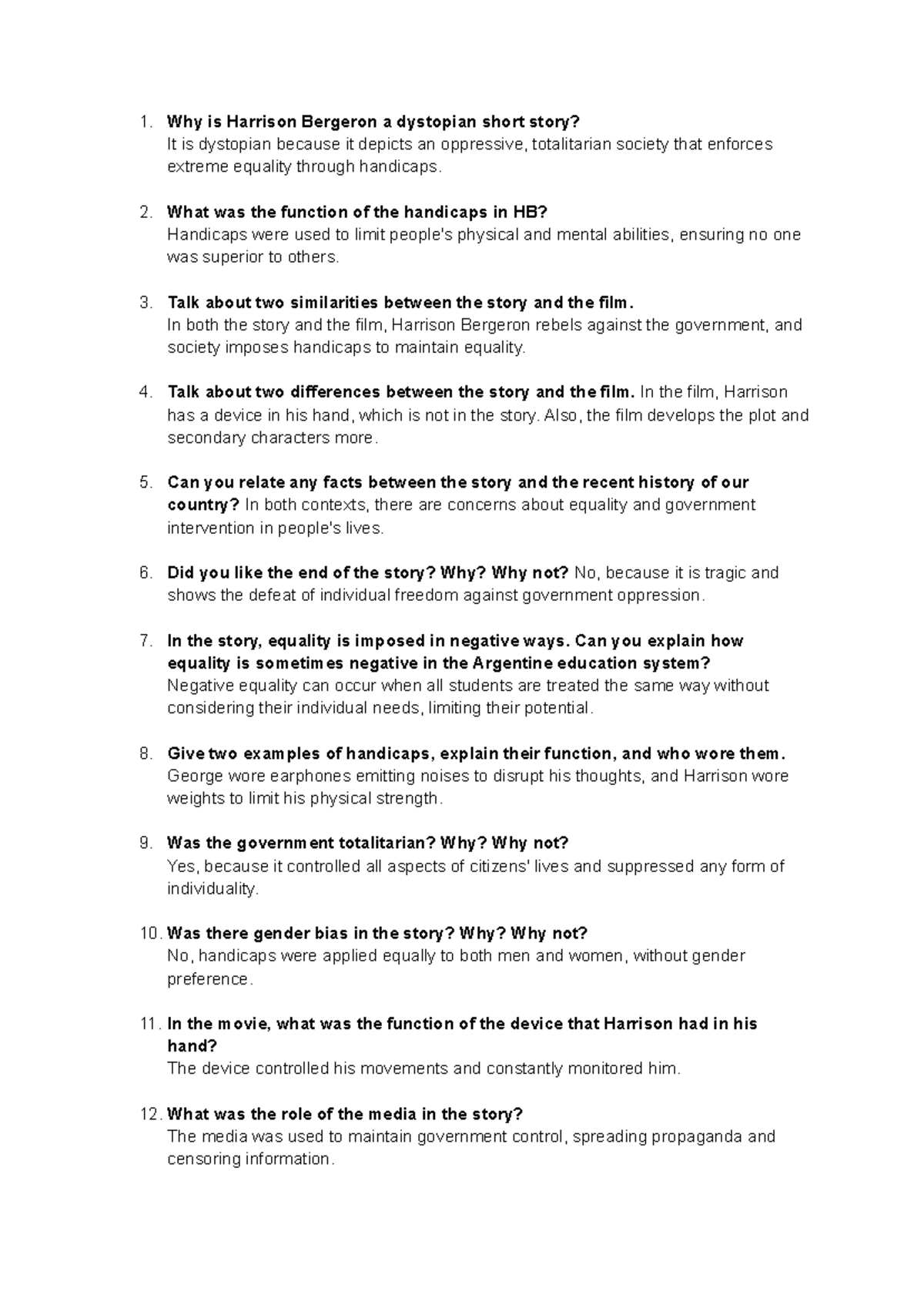 1. Dystopian Analysis of "Harrison Bergeron": 15 Key Questions - Studocu