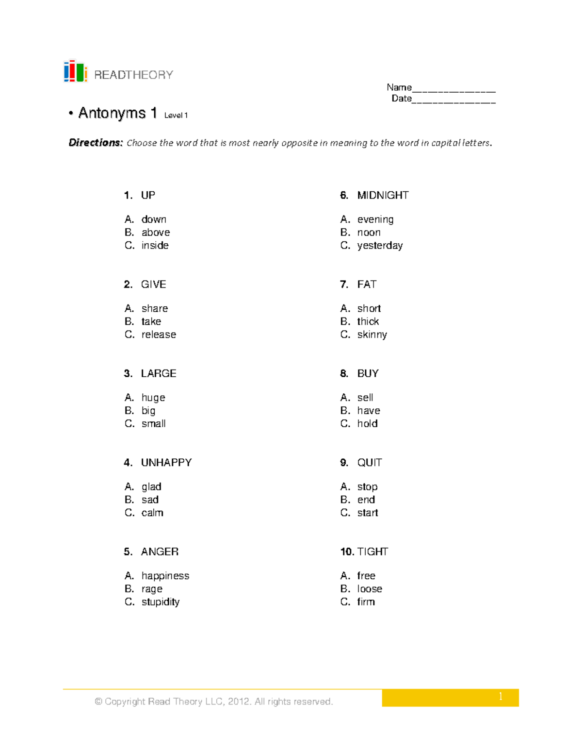 READTHEORY Antonyms 1 Level 1 - Answer Key and Explanations - Studocu