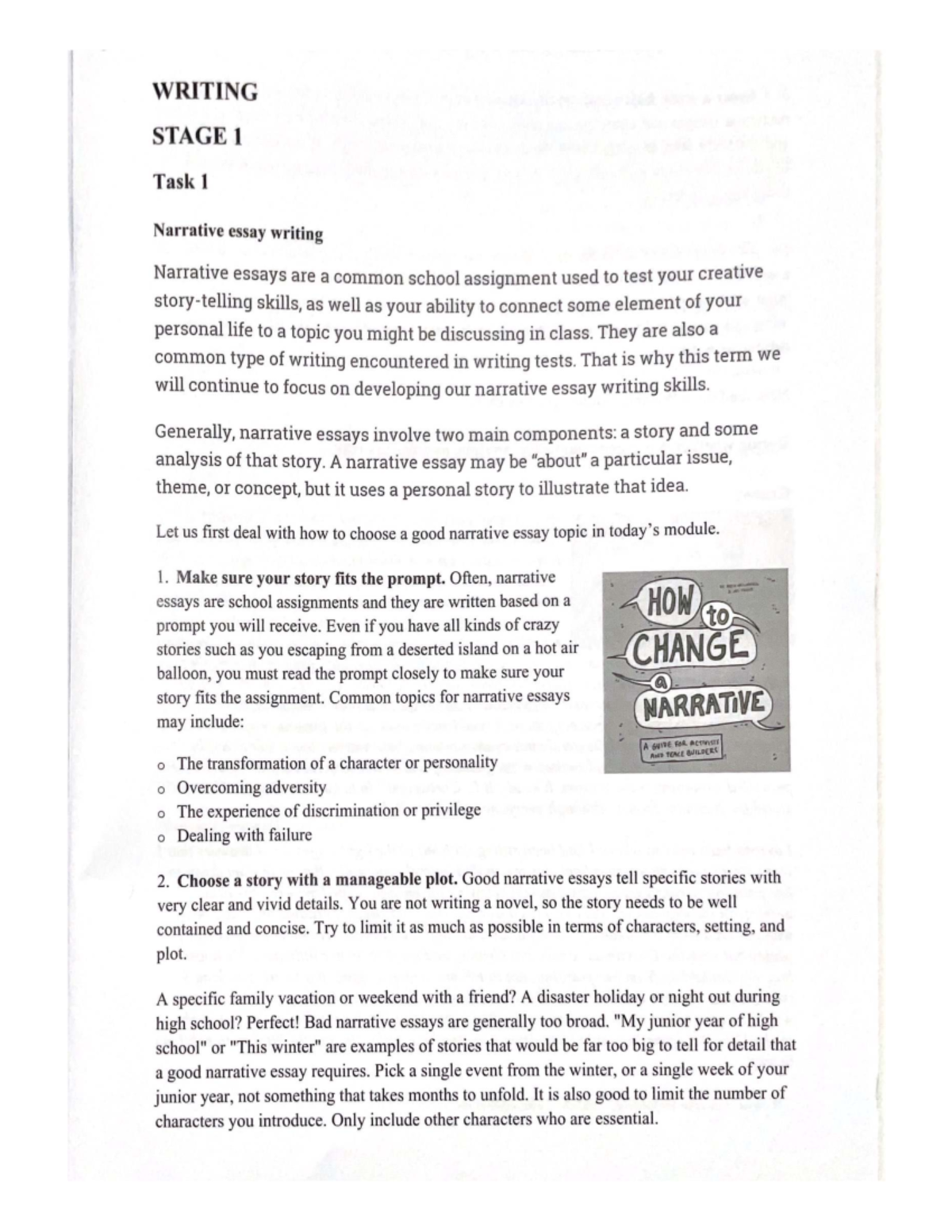 Writing 1: Stage 1 Narrative Essay Guide and Practice Tasks - Studocu