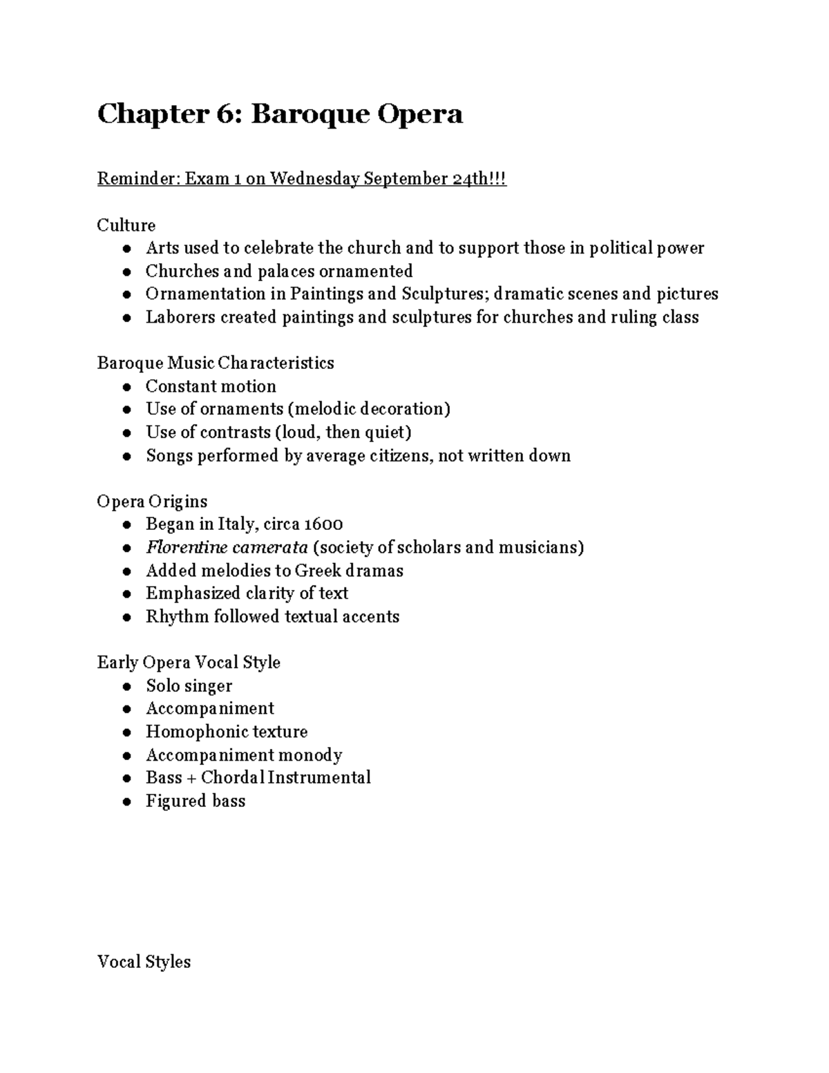 Baroque Opera & Cantata Overview: Exam 1 Study Guide - Studocu
