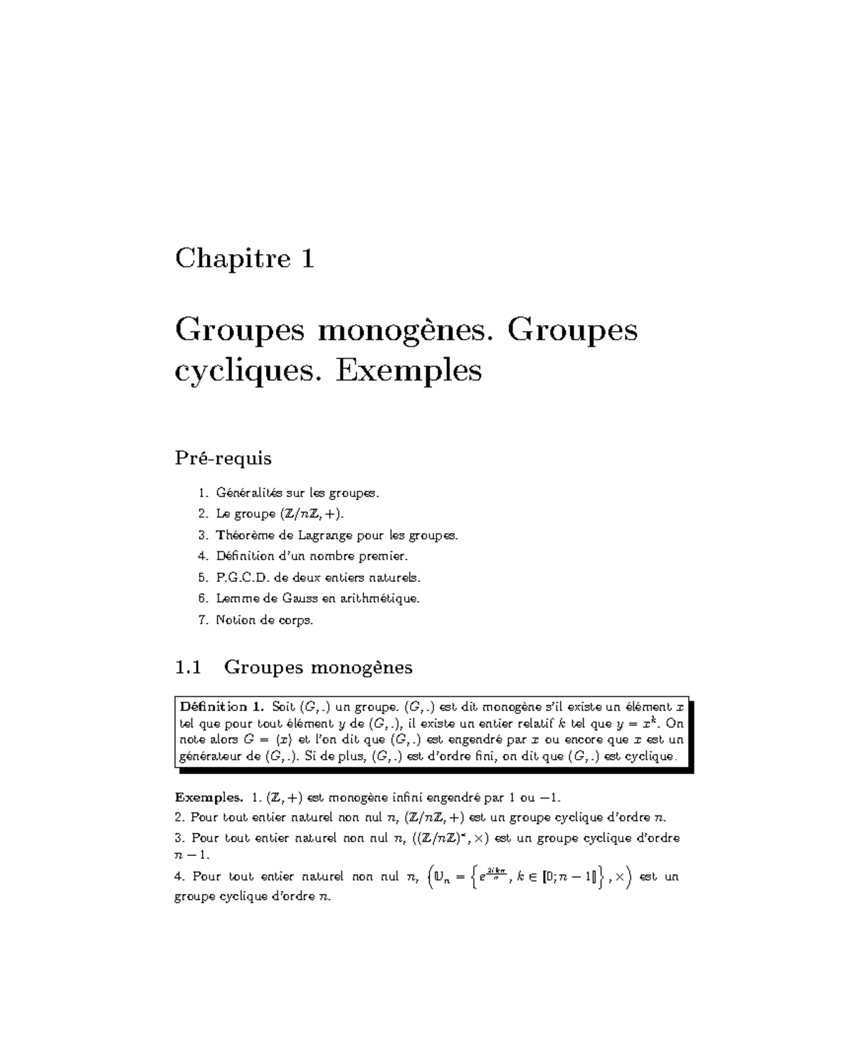 Chapitre 1 : Groupes Monogènes et Cycliques - Mathématiques 101 - Studocu