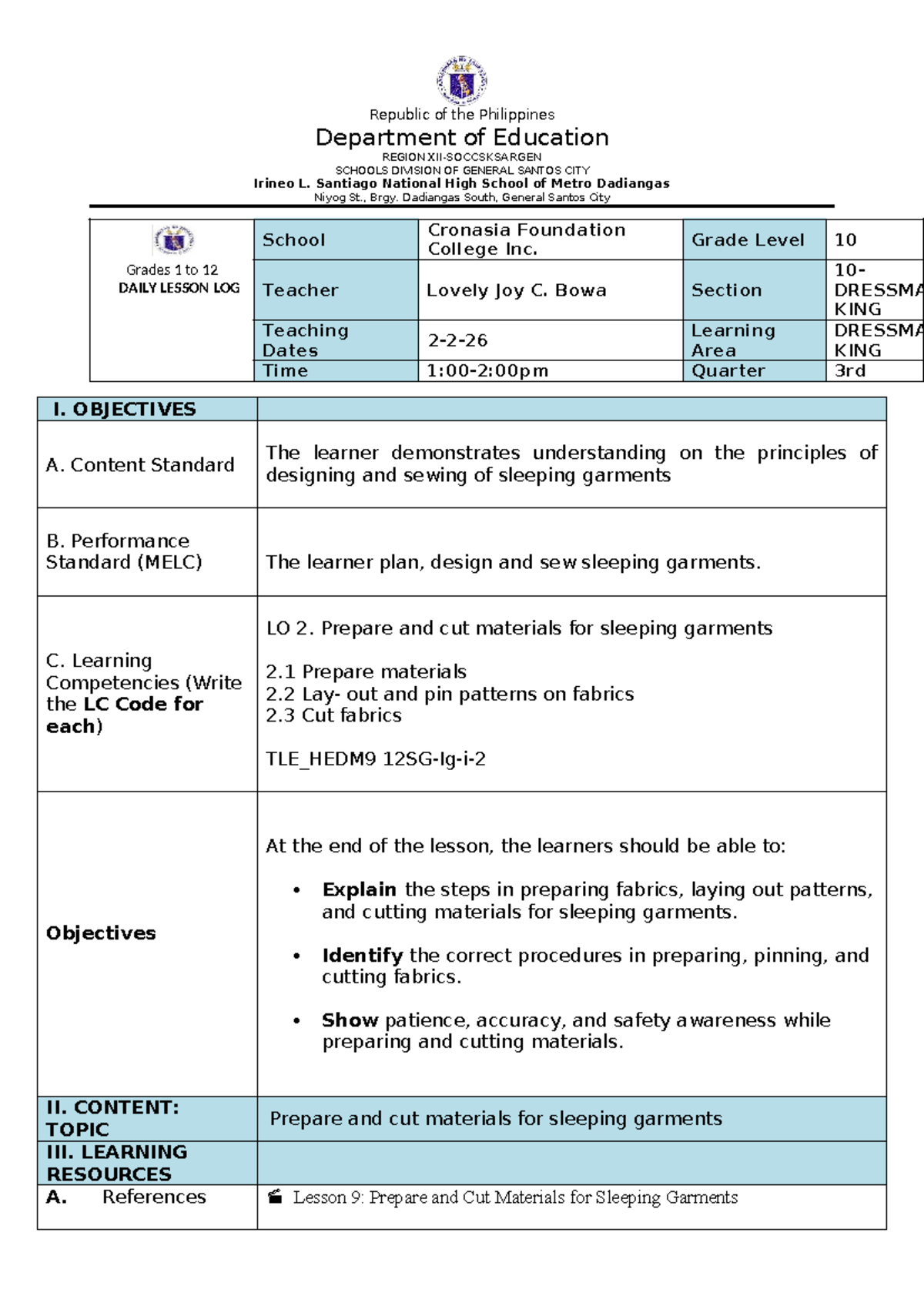 Lesson Plan 10: Prepare & Cut Materials for Sleeping Garments (TLE ...