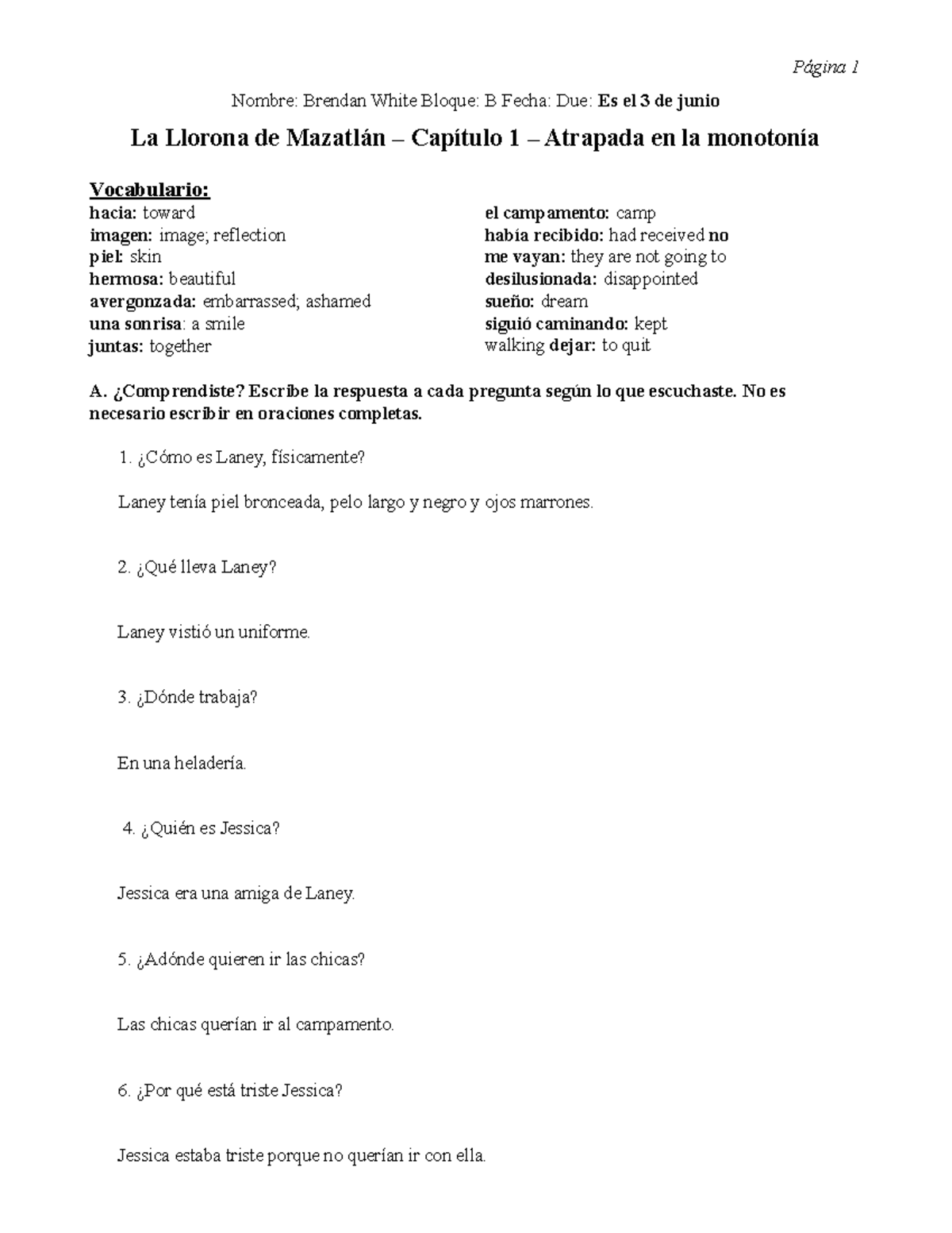 Preguntas sobre "La Llorona de Mazatlán" - Capítulos 1 a 7 - Studocu