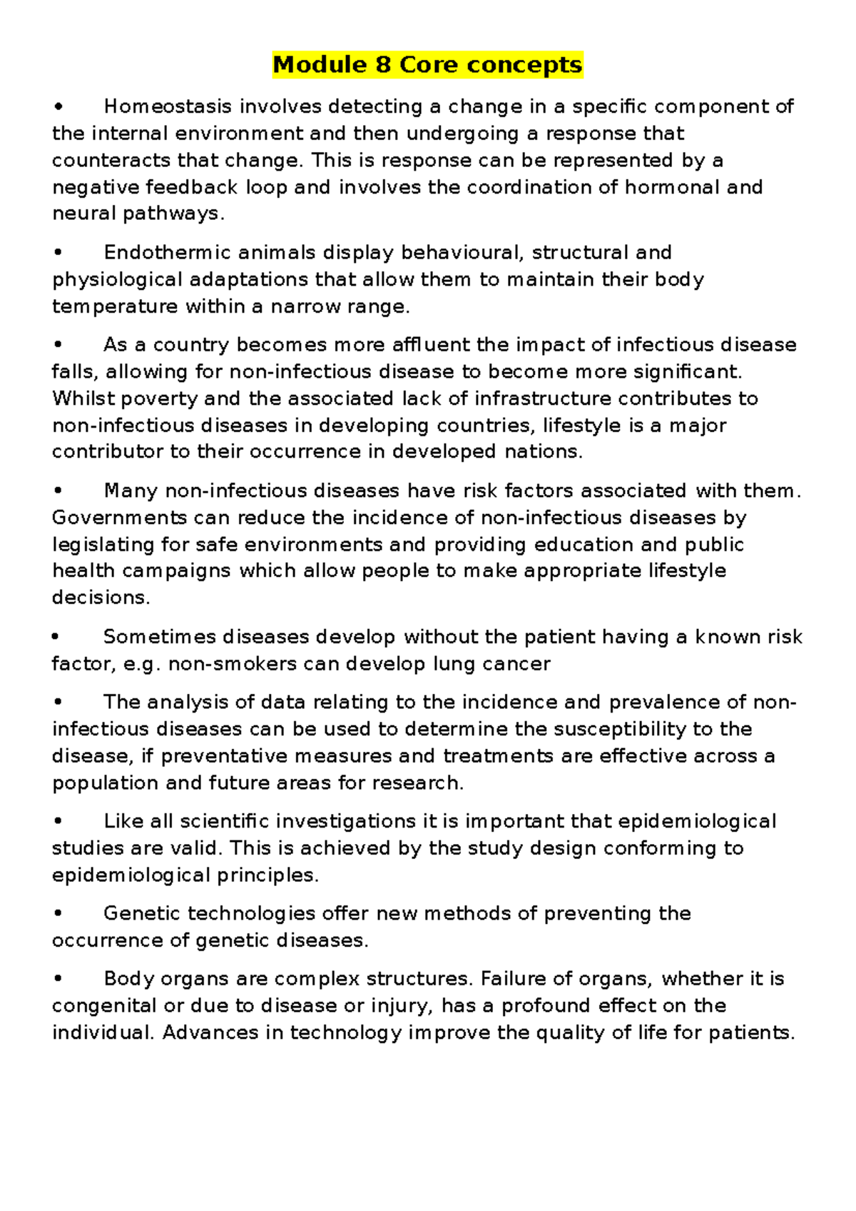 Module 8 Biology Notes: Homeostasis, Disease Prevention & Nutrition ...