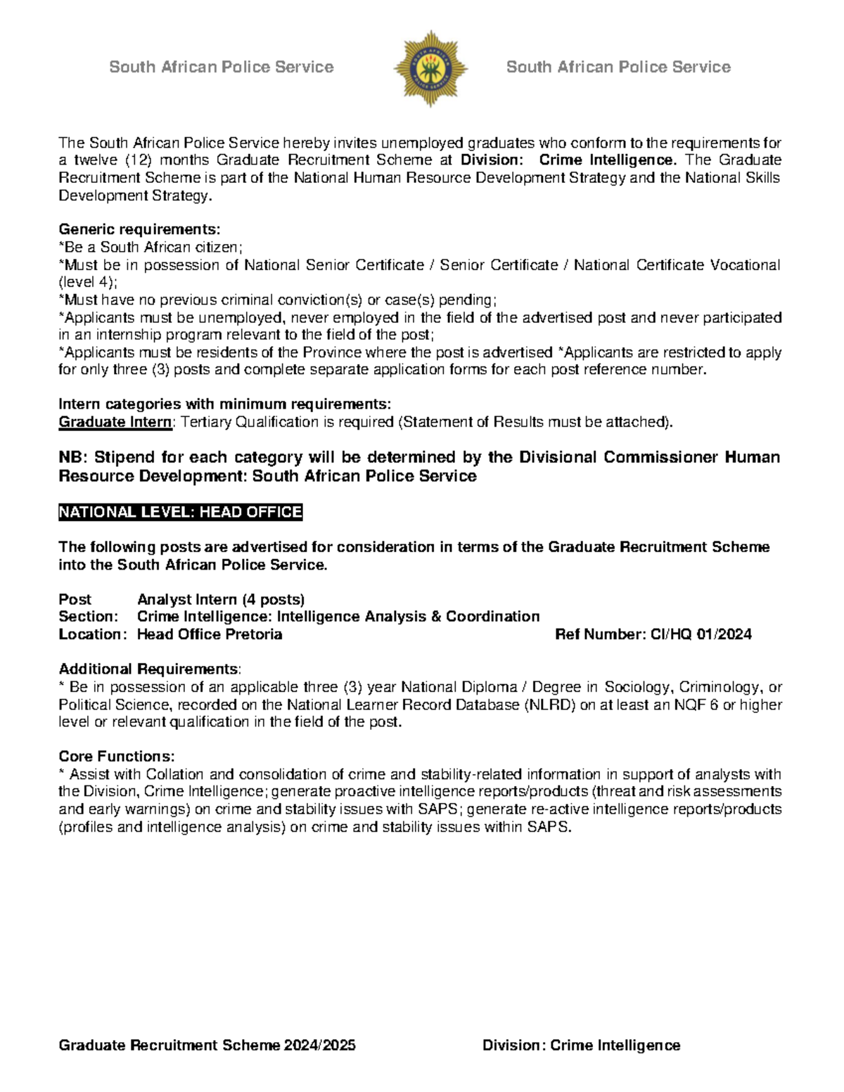 SAPS Graduate Recruitment Scheme: Crime Intelligence Interns 2024 - Studocu