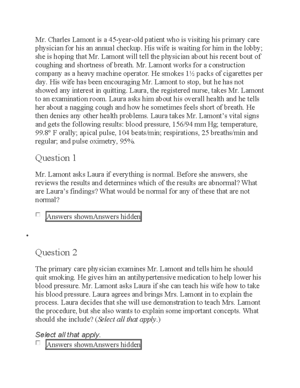Vital Signs Case Study: Mr. Lamont's Annual Checkup Analysis - Studocu