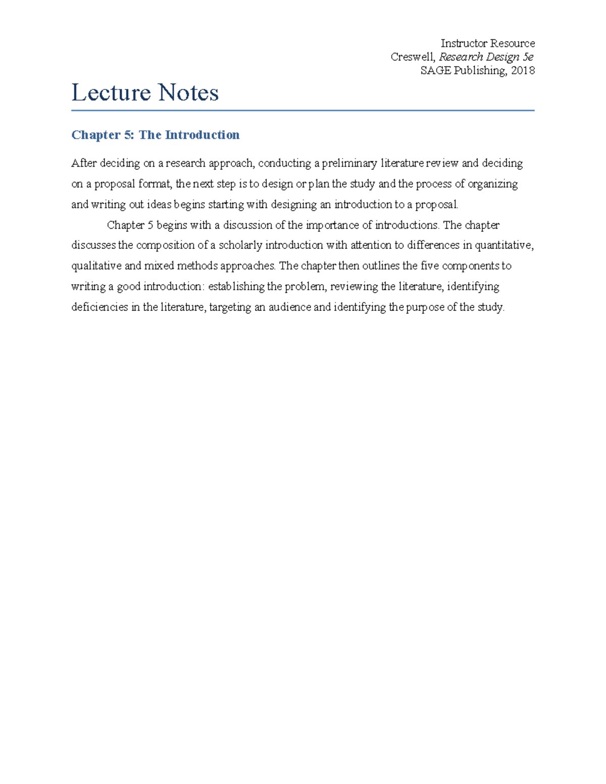 Creswell Ch. 5 Lecture Notes: Crafting Effective Introductions - Studocu