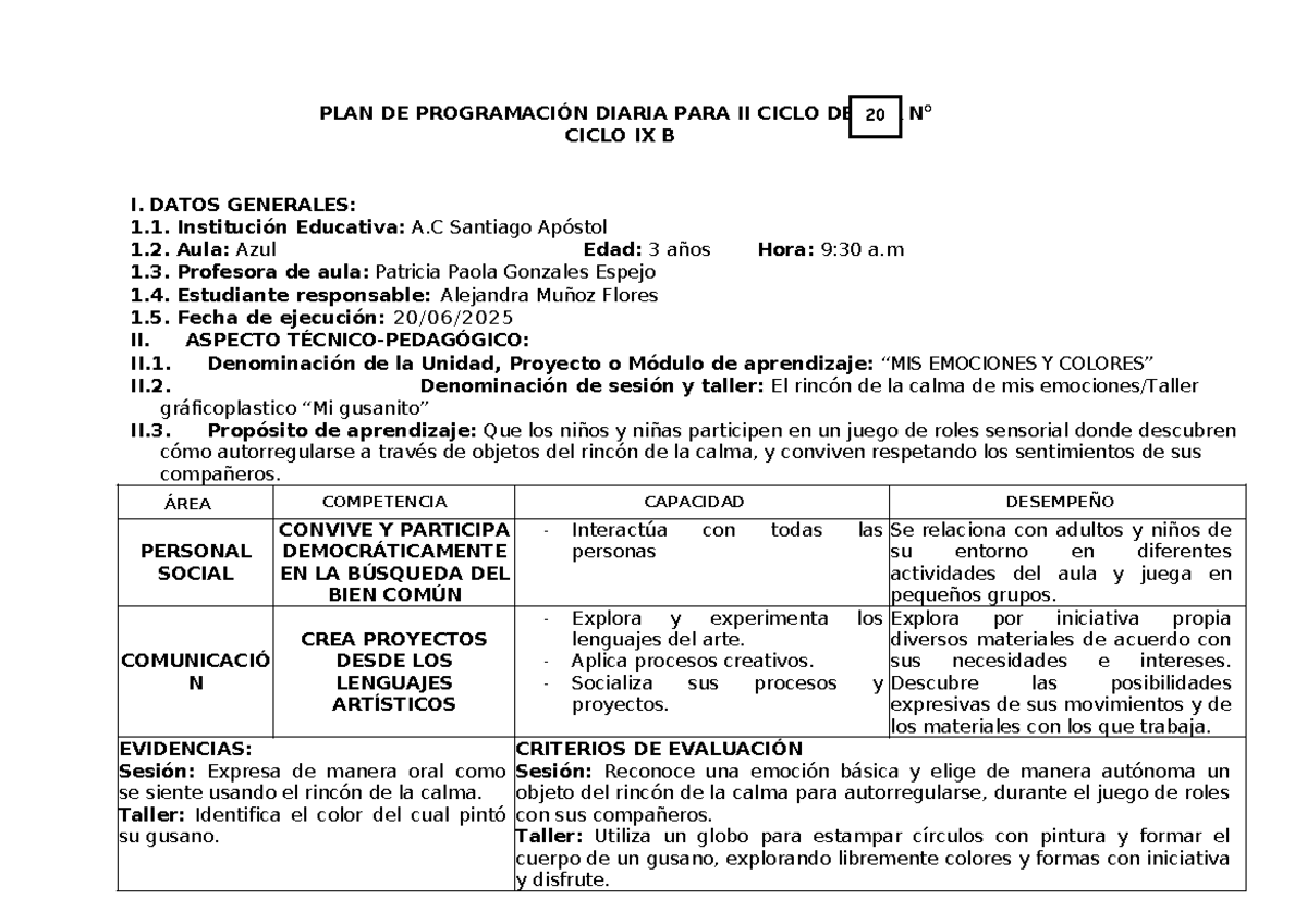 PLAN DE PROGRAMACIÓN DIARIA II CICLO EBR 20 - EMOCIONES Y JUEGO DE ...